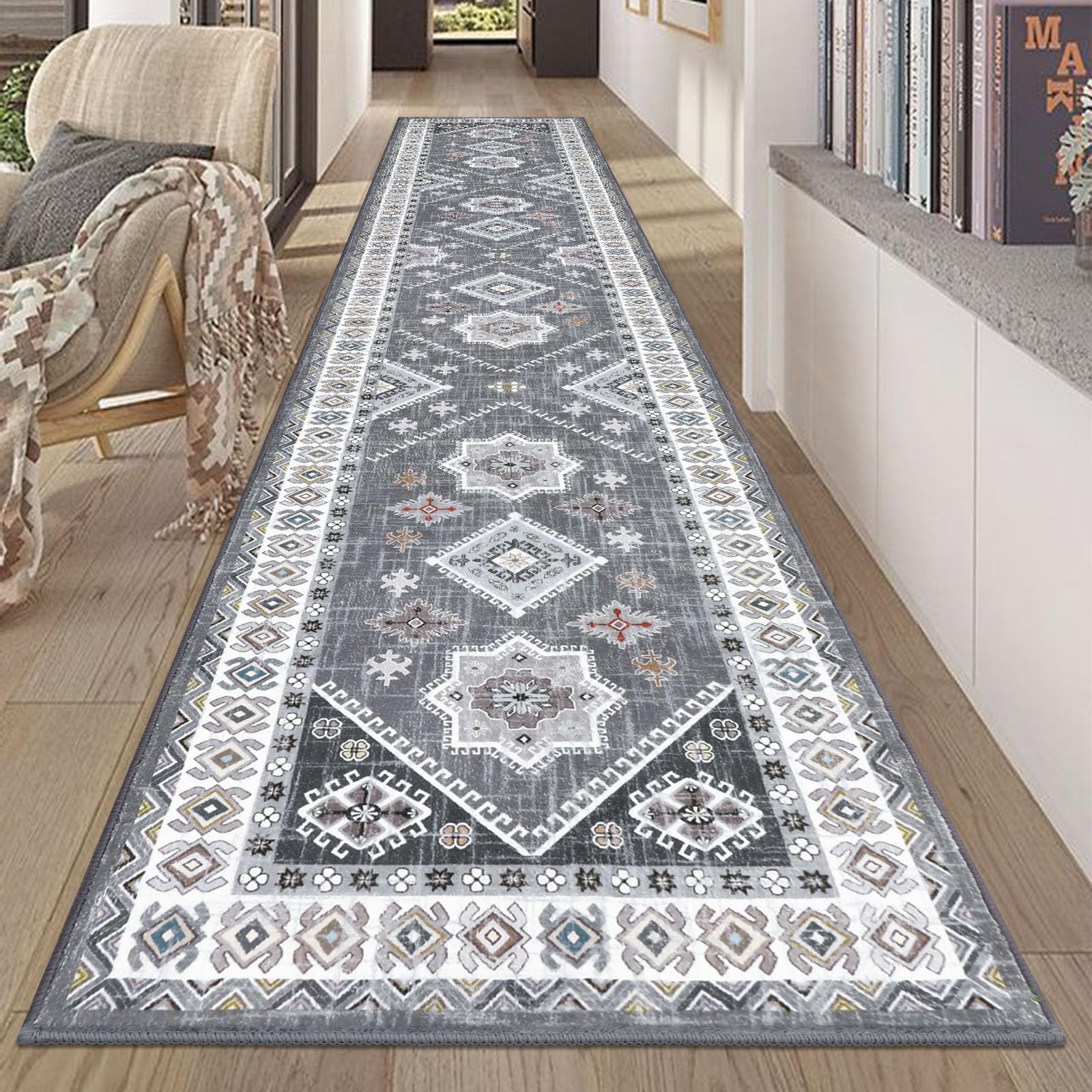 HEBE RUGS Runner Rug, Non-Slip Washable Boho Rug Runner for Hallway, Vintage Floor Carpet for Kitchen, Entryway, Bathroom, Bedroom, Farmhouse, Laundry (2x10Ft, Grey)