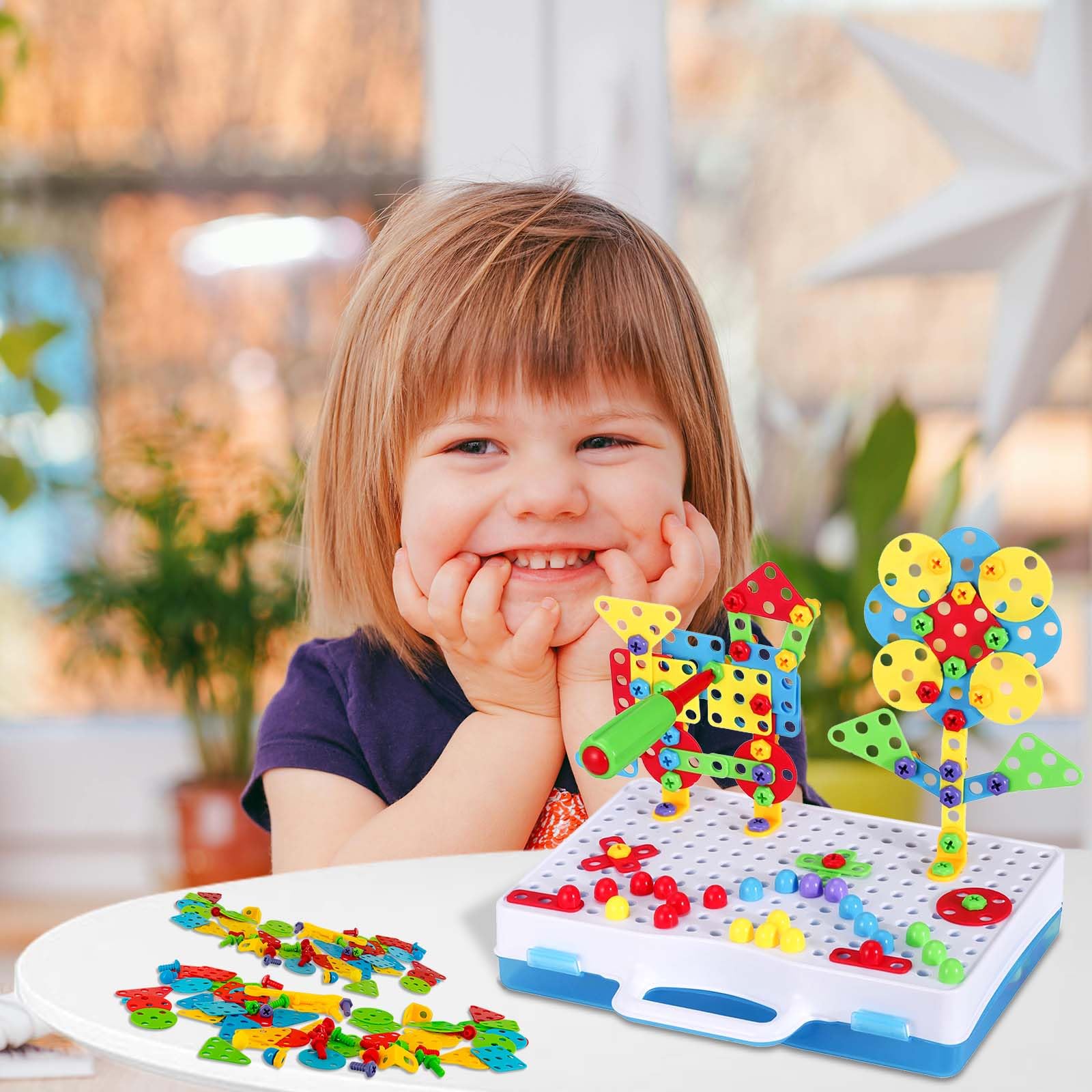 Haifeng 237 Pieces Creative Mosaic Toy Drill Puzzle Set for Kids, STEM Learning Educational Toys, Drill and Screwdriver Engineering Building Kit for Boys and Girls Ages 3 4 5 6 7 8 9 10 Year Old