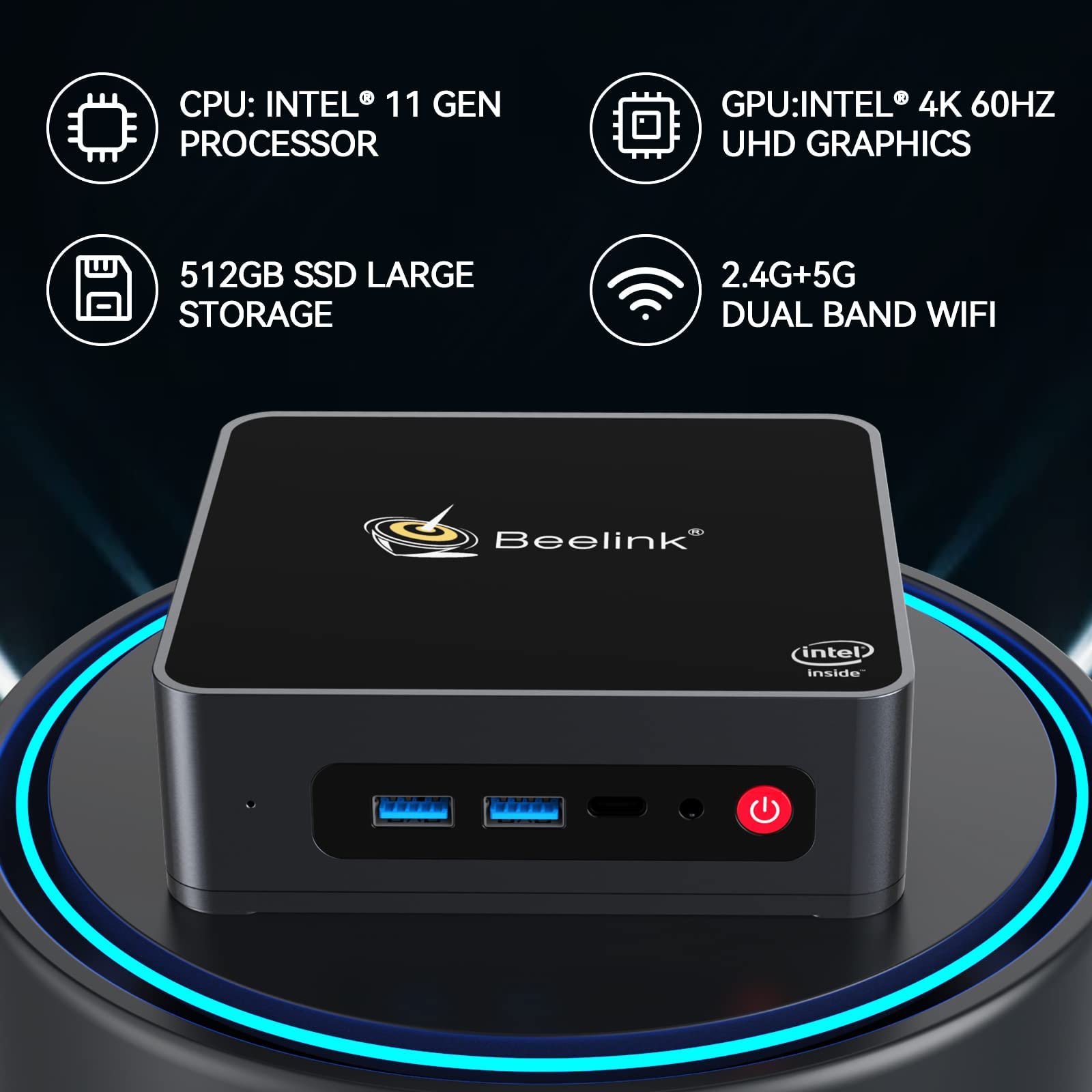 Beelink Mini PC Windows 10 Pro, Intel 11th Gen Processor(Up to 2.9GHz) 8GB RAM 256GB SSD, U59 Mini Computers Support 60Hz 4K UHD Dual HDMI/USB 3.0/Dual Band WiFi/Gigabit Ethernet/BT 4.2 (Renewed)