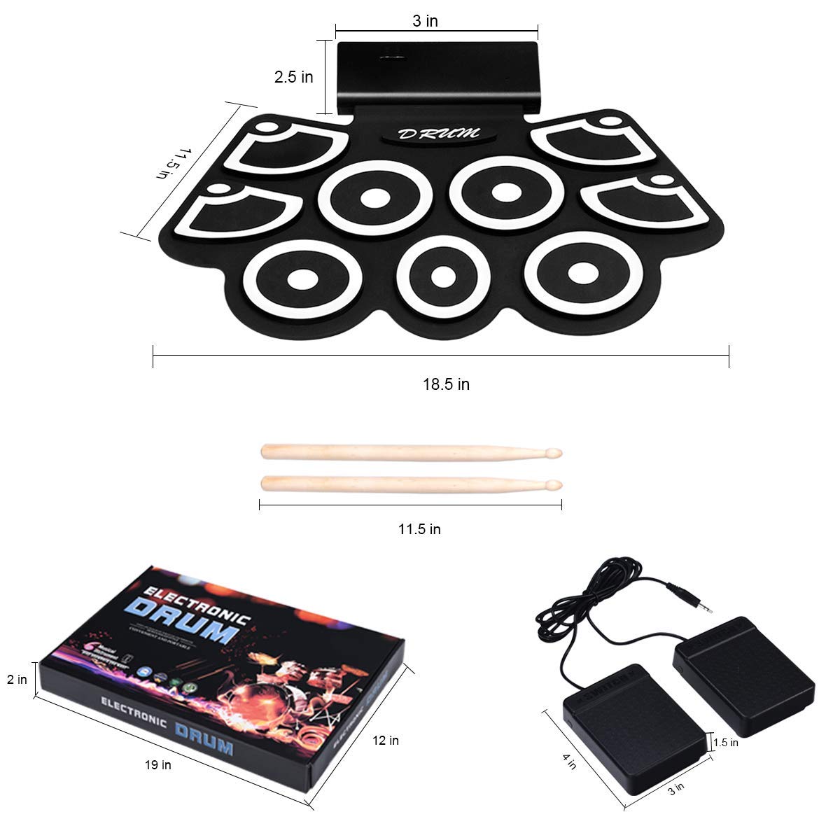 BABY JOY Electronic Roll Up Drum Kit w/ 9 Electric Drum Pads, 3.7V Lithium Battery, Bluetooth, Record, Play, Volume & Rate Control, MP3 Headphone Input, Foot Pedal, Drumsticks, 20 Hours Duration