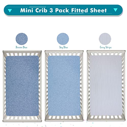 Dreamology 100% Cotton Jersey Knitted Mini Crib Sheets for Boys and Toddler, Soft and Breathable, Crib Sheets Girl Snug Fit, Machine Washable(P3,Denim Blue, Sky Blue/Gray Stripe, 38"x24"x6")