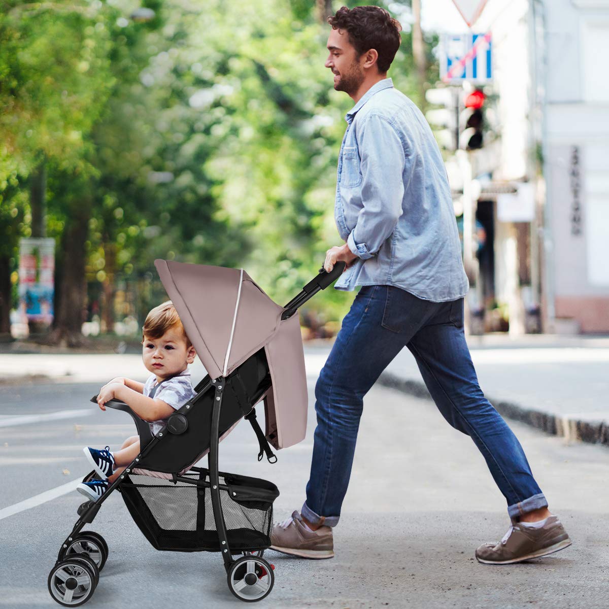 Baby Joy Lightweight Stroller, Compact Toddler Travel Stroller for Airplane, Infant Stroller w/Adjustable Backrest/Footrest/Canopy, 5-Point Harness, Storage Basket, Easy One-Hand Fold, Coffee