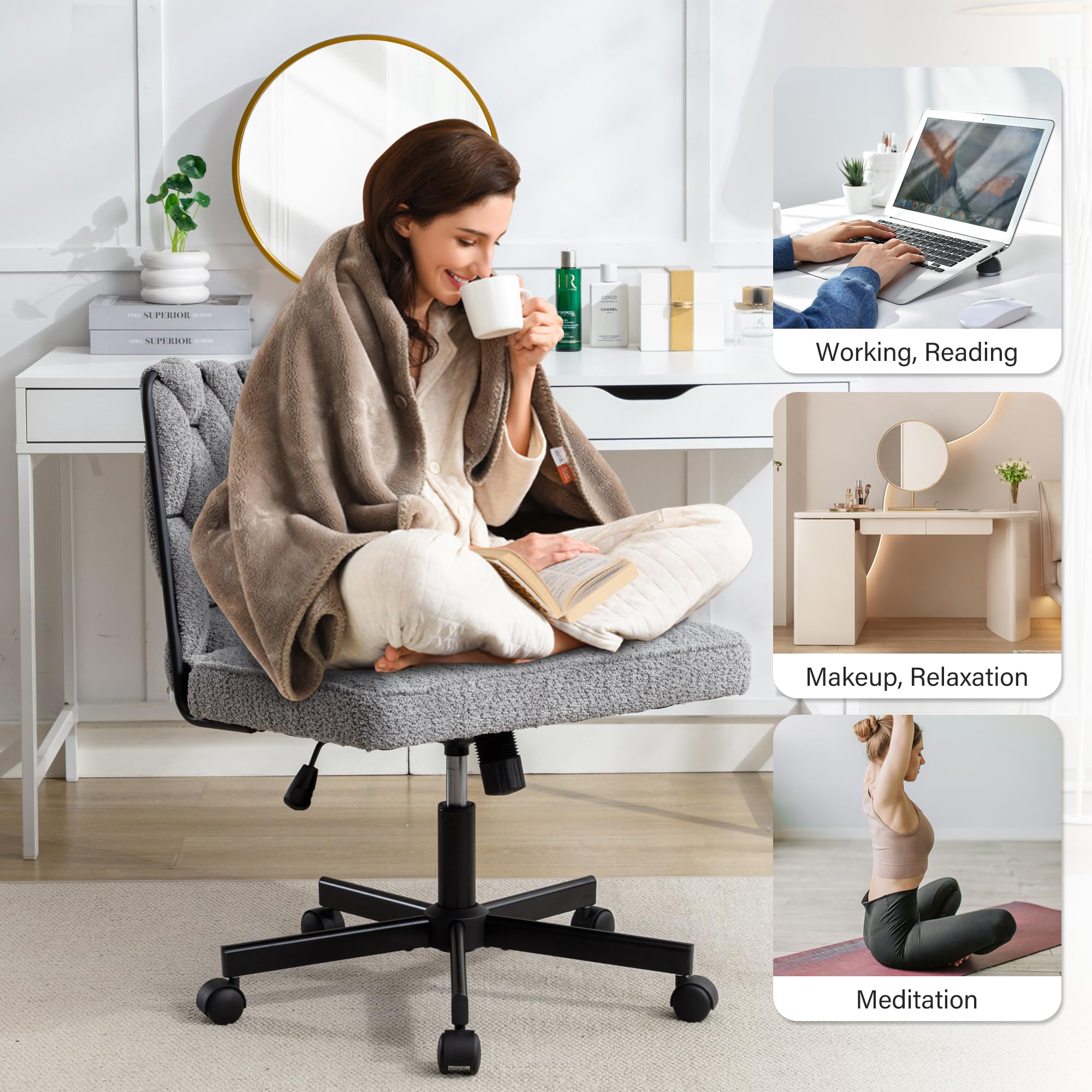HForesty Criss Cross Legged Office Desk Chair with Wheels, Modern Armless Desk Chair with Wide Seat, Home Office Chair for Work, Meditation, Vanity, Grey