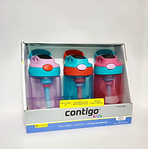 Contigo Kids Water Bottle, 14 oz with Autospout Technology – Spill Proof, Easy-Clean Lid Design – Ages 3 Plus, Top Rack Dishwasher Safe, 3-Pack, Purple/Blue/Pink