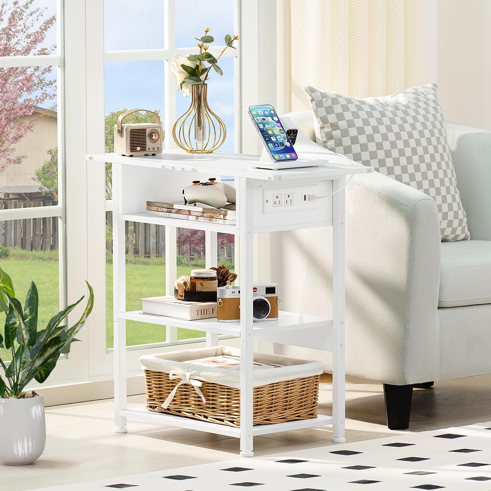 Lerliuo Side Table with Charging Station,Narrow End Table with USB Ports and Outlets,White Skinny Nightstand with Open Storage Shelf for Small Space,Slim Sofa Bedside Table for Living Room Bedroom