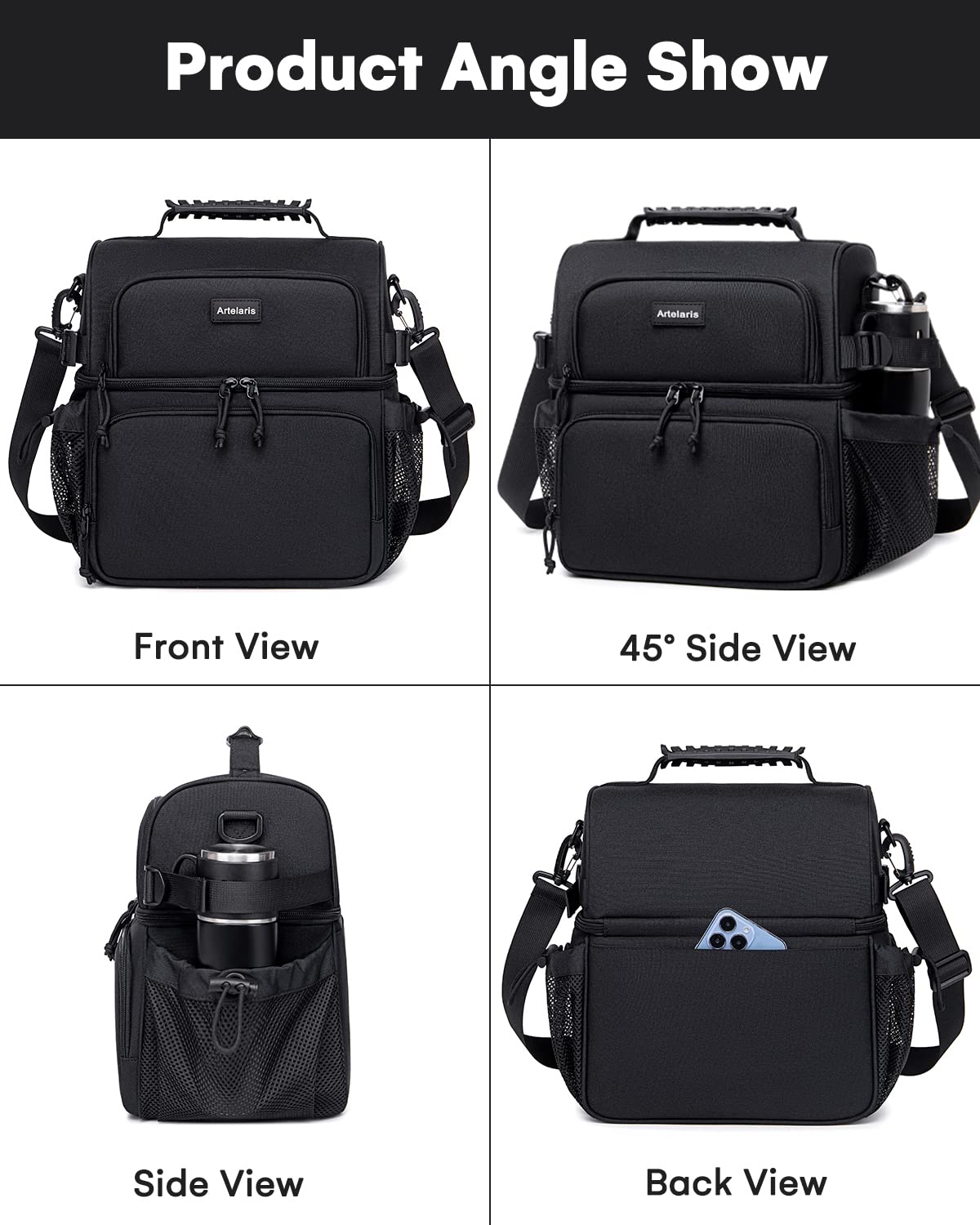 Artelaris Lunch Bag for Men Women, Dual Compartment Insulated Lunch Bag, Large Double Deck Leakproof Cooler Tote Bag with Side Pockets & Shoulder Strap Lunch Box for Picnic Work Camping Fishing
