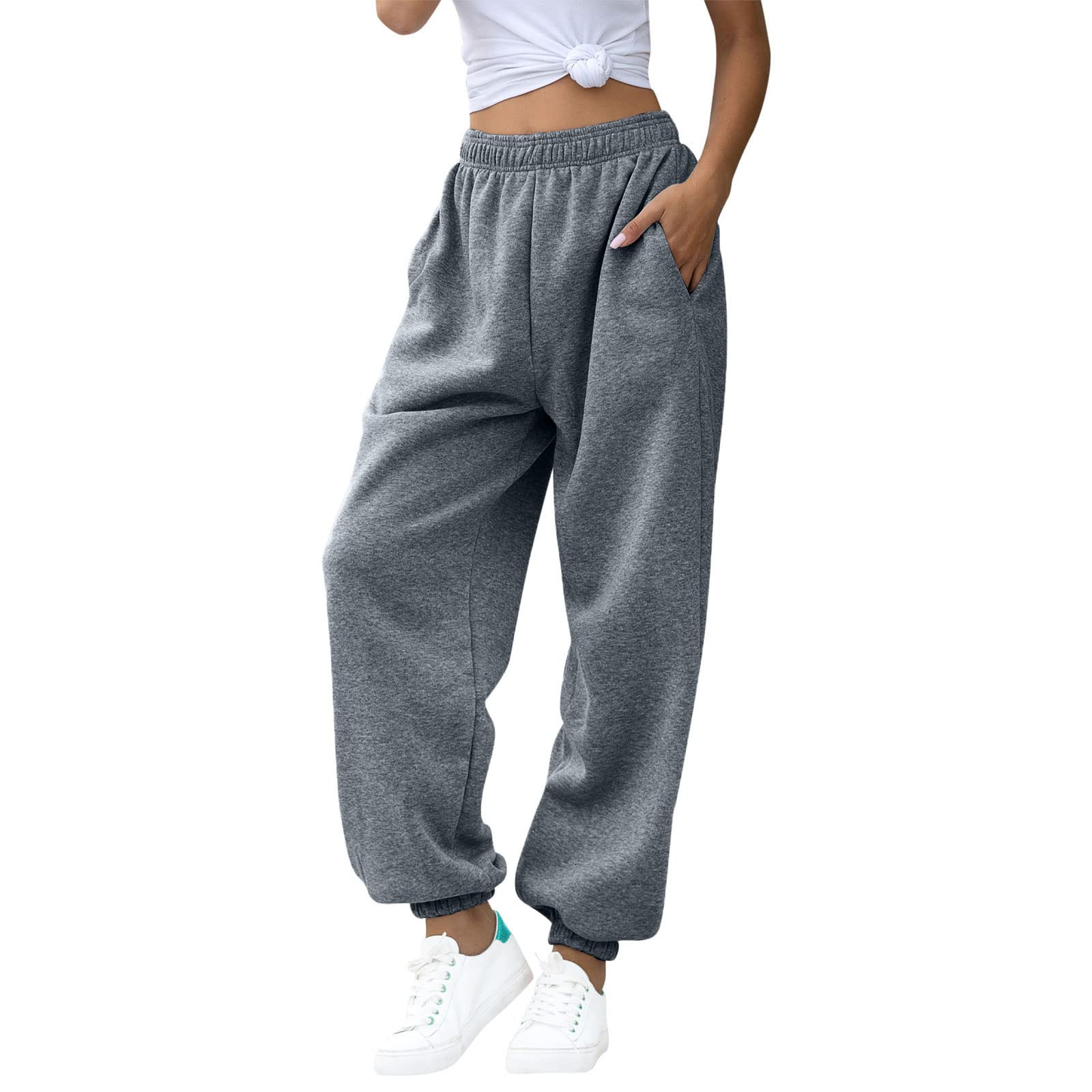 ASHER FASHION Women's Active Thick Jogger Sweatpants Baggy Lounge Yoga Pants with Pockets Sporty Dark Gray Thick S