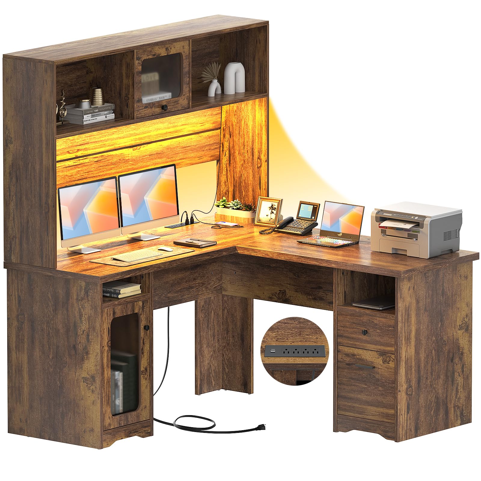 Unikito L Shaped Desk with Drawers, 60 Inch Office Desk with Power Outlet and LED Lights, Sturdy Corner Computer Desk with Hutch and File Cabinets, 2 Person Home Office Gaming Table, Vintage