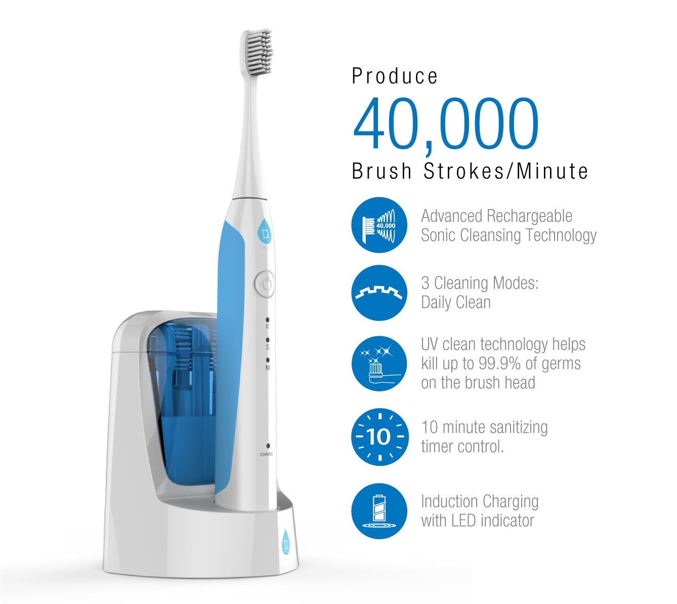 Pursonic S750 Sonic Toothbrush (White) — Smart Series Electronic Power Rechargeable Battery Toothbrush — Electronic Toothbrush for Adults — 12 Bonus Brush Heads — Rechargeable Toothbrushes for Adults