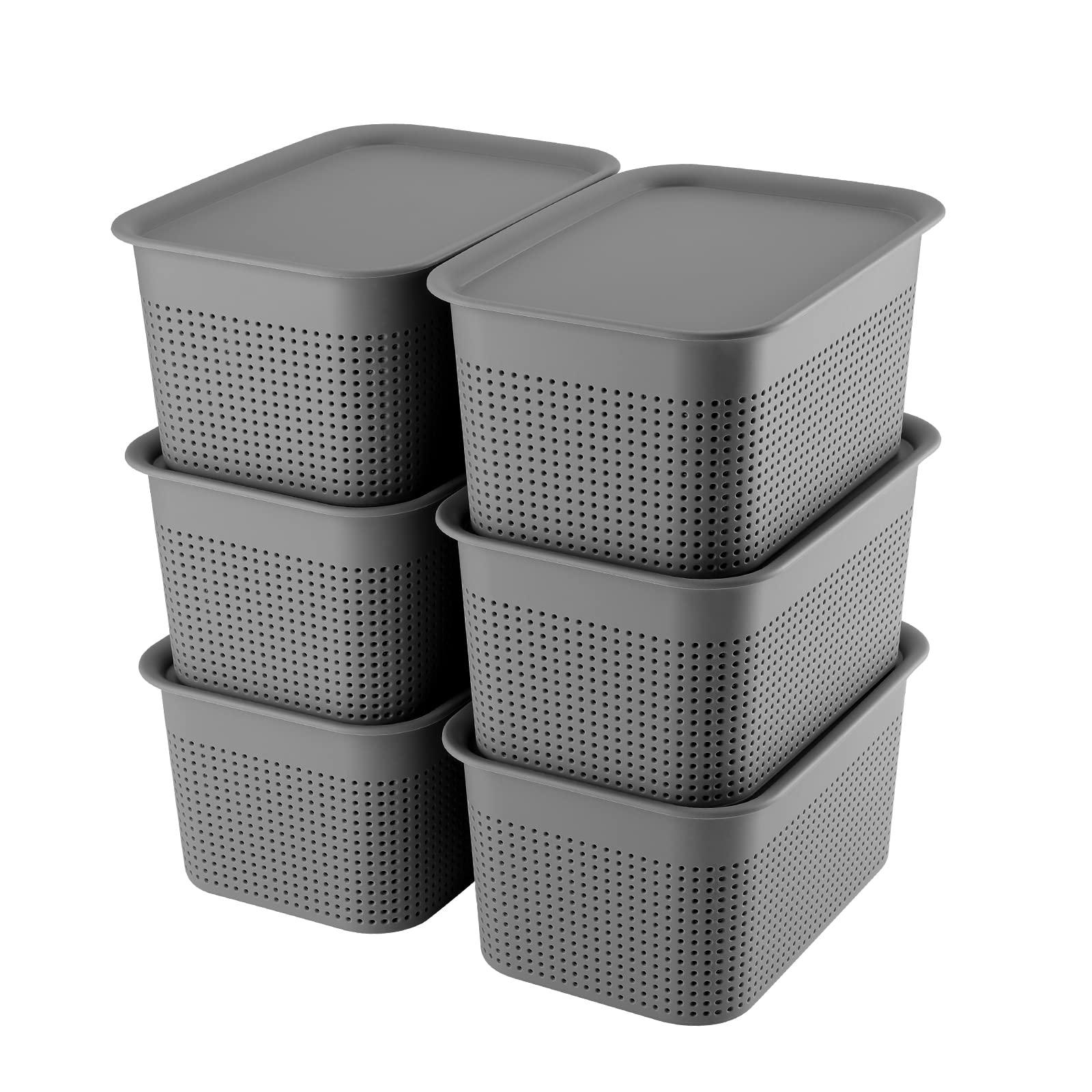 AREYZIN Set of 6 Lidded Plastic Storage Baskets + 6 Pack Clear Storage Bins Freezer Organizer Bins Pantry Organization and Storage