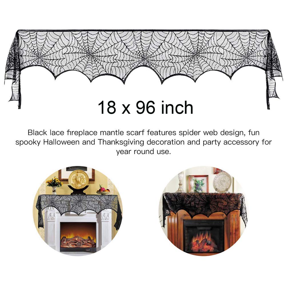 Halloween Decoration Black Lace Spiderweb Fireplace Mantle Scarf Cover Festive Party Supplies Set for Fireplace Window Door Frame Decoration 18 x 96 inch