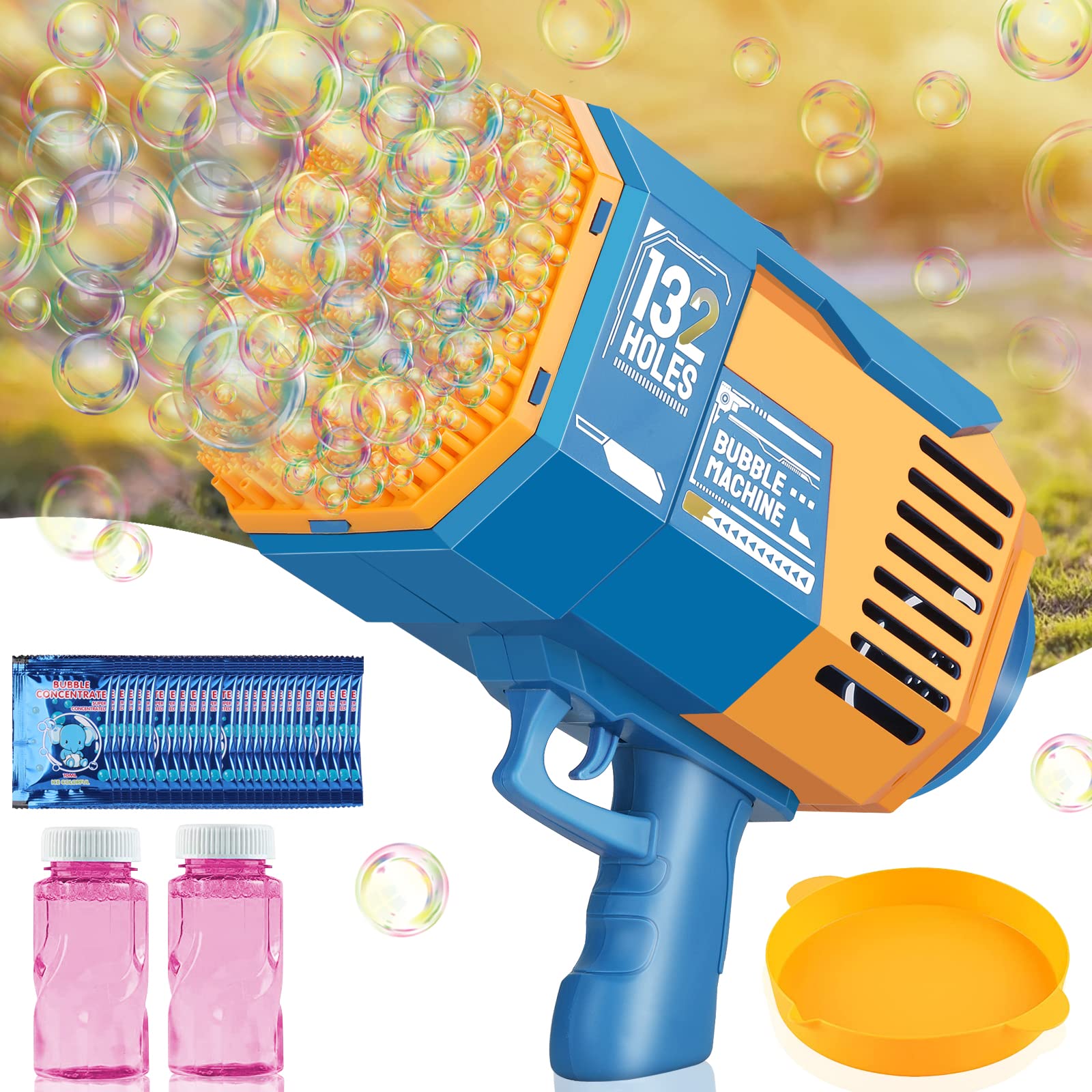 Bazooka Bubble Gun, Upgraded 132 Hole Bubble Machine Gun with Lights 10000+ Bubbles Per Minute, Additional 30 Bubble Refill Solution, Bazooka Bubble Gun for Outdoor Indoor Birthday Wedding Party