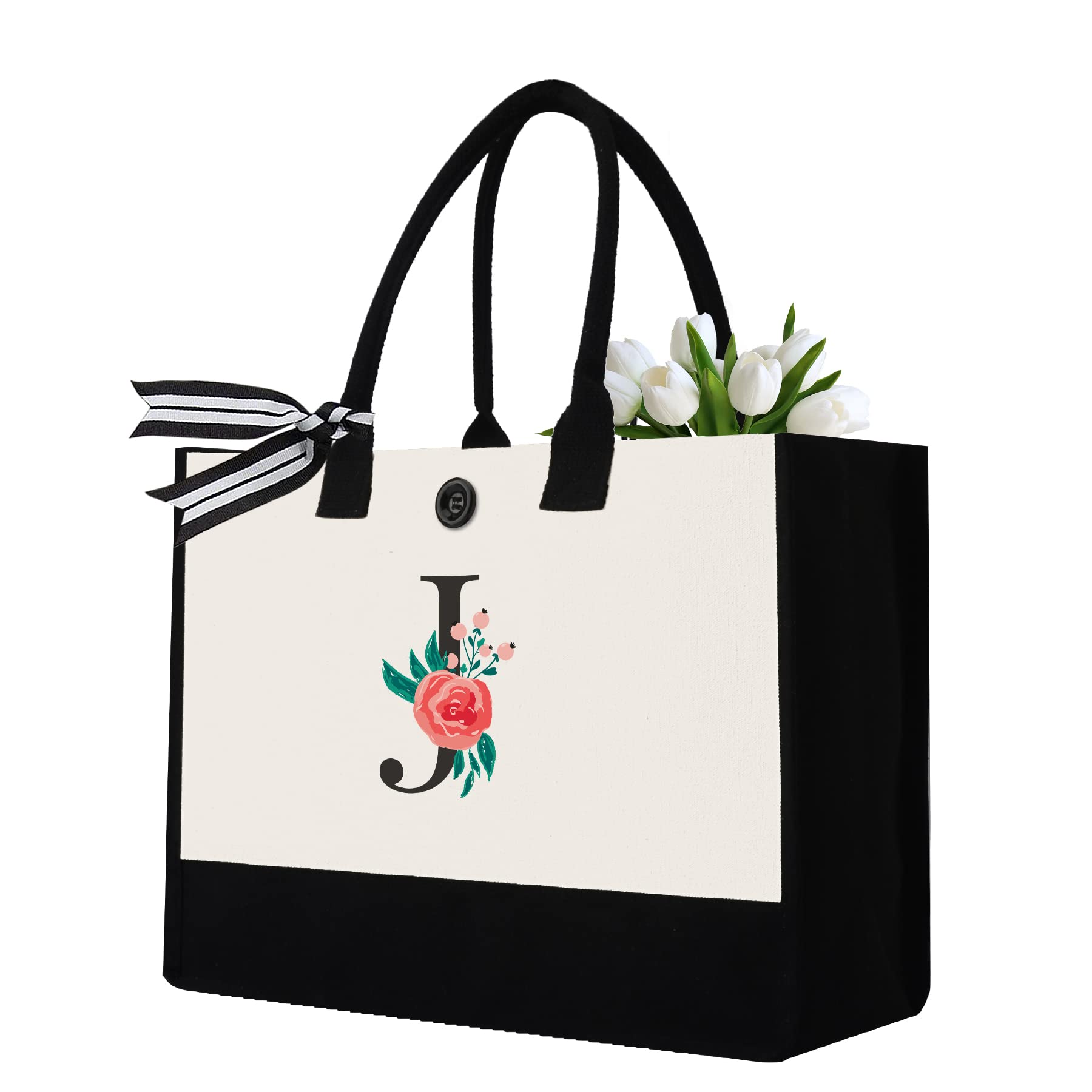 Binggemen Personalized Initial Canvas Tote Bag, Monogrammed Gifts Bag for Wedding,Birthday, Present Beach Bag for Women, Mom, Bridesmaids,Teachers