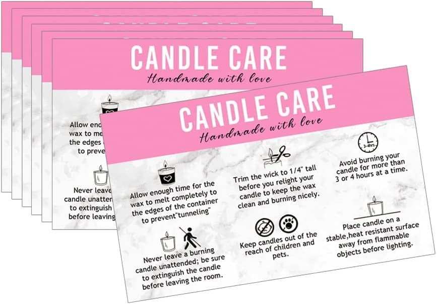 Handmade Candle Care Instruction Card, Card, for Makers Soy Bees Wax Coconut Essential Oils Black with White, 50 Pack 3.5 x 2 inches (Pink)