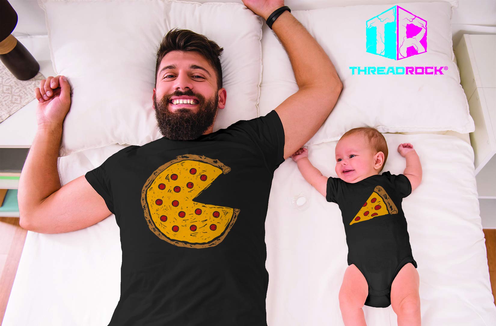 Threadrock Pizza Pie & Slice Infant Bodysuit & Men's T-Shirt Matching Set (Baby: 6M, Charcoal|Men's: L, Charcoal)