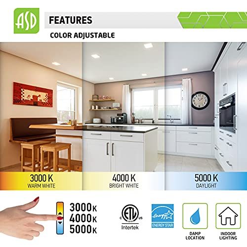 ASD Ultra Thin Square LED Recessed Lighting 6 Inch, 3000K-4000K-5000K Color Temperature Options, 12W 840Lm Dimmable LED Downlight, Canless LED Recessed Light, IC & Damp Rated,ETL,Energy Star (6-Pack)