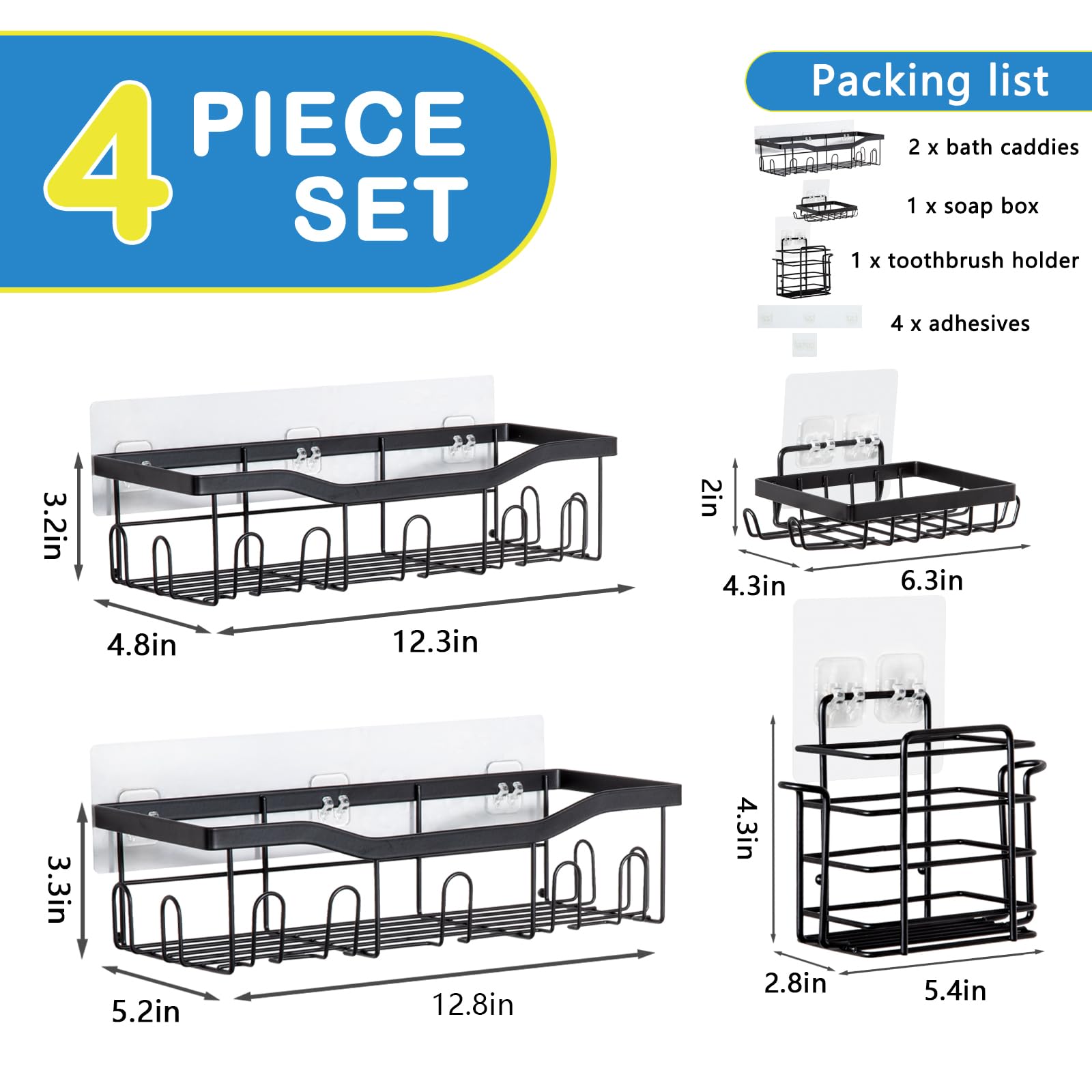 ChicChicHomes Shower Caddy 4 Pack, No Drilling Adhesive Wall Mounted Shower Organizer for Bathroom Storage&Kitchen, Large Capacity Rustproof Stainless Steel Shower Shelf, Ruggedized, Black