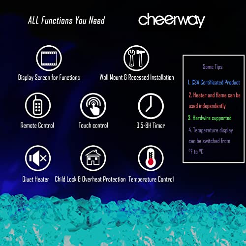 Cheerway 36 Inch Electric Fireplace, Recessed Fireplace Insert and Wall Mount Fireplace Heater with Remote & Touch Control, Adjustable Flame Color & Brightness, Log Set & Crystals, Child Lock & Timer