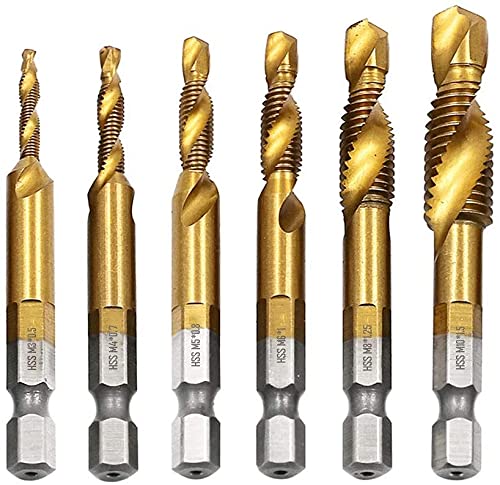 Bestgle 6 Packs Hex Shank Titanium Coated Countersink Tap Drill Bit Set, HSS Screw Thread Metric Combination Tap Drill, M3-M10