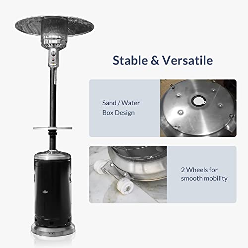 BELLEZE 48,000 BTU Propane Patio Heater Outdoor, CSA Certified Patio Heater with Drink Shelf Table, Auto Shut Off Valve, Piezo Ignition System, Wheels for Portable Mobility - Black Stainless Steel