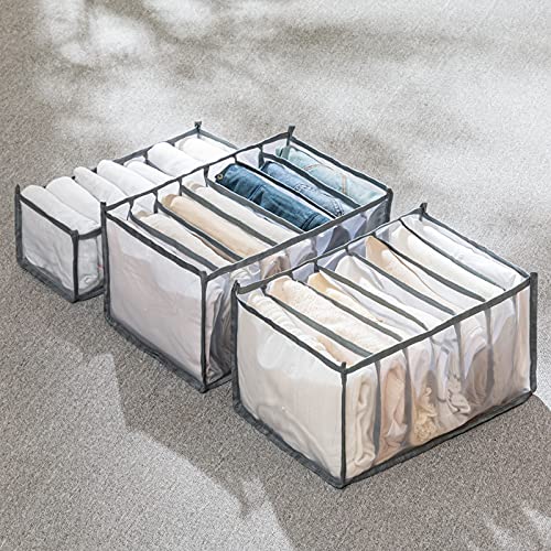 Set of 2 Pieces Wardrobe Clothes Organizer, Jeans Leggings Compartment Storage Box Closet, 7 Grids Folding Drawer For Clothing Mesh Separation , Transparent Divider For Stacking Pants Organizer (White)