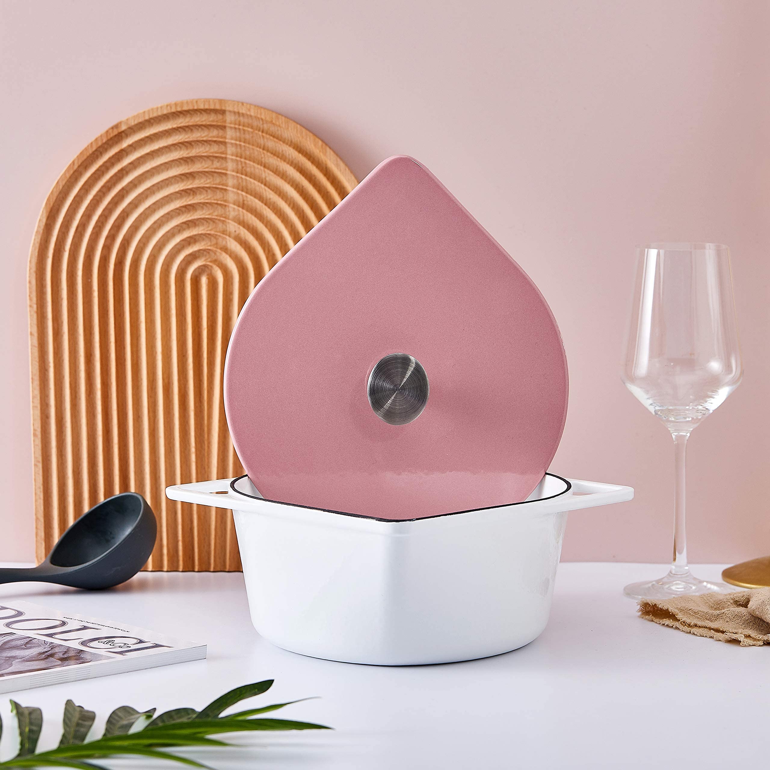 Bruntmor 3 Quart Cast Iron Enameled Dutch Oven - Modern Squoval Design - Nonstick Seasoned Pot with Stainless Steel Knob - Ideal for Christmas/Thanksgiving Dinner - White with Pink Lid
