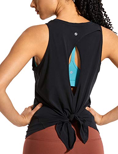 CRZ YOGA Women's Pima Cotton Workout Tank Tops Tie Back Sleeveless Shirts Yoga Athletic Open Back Sport Gym Tops Black Small