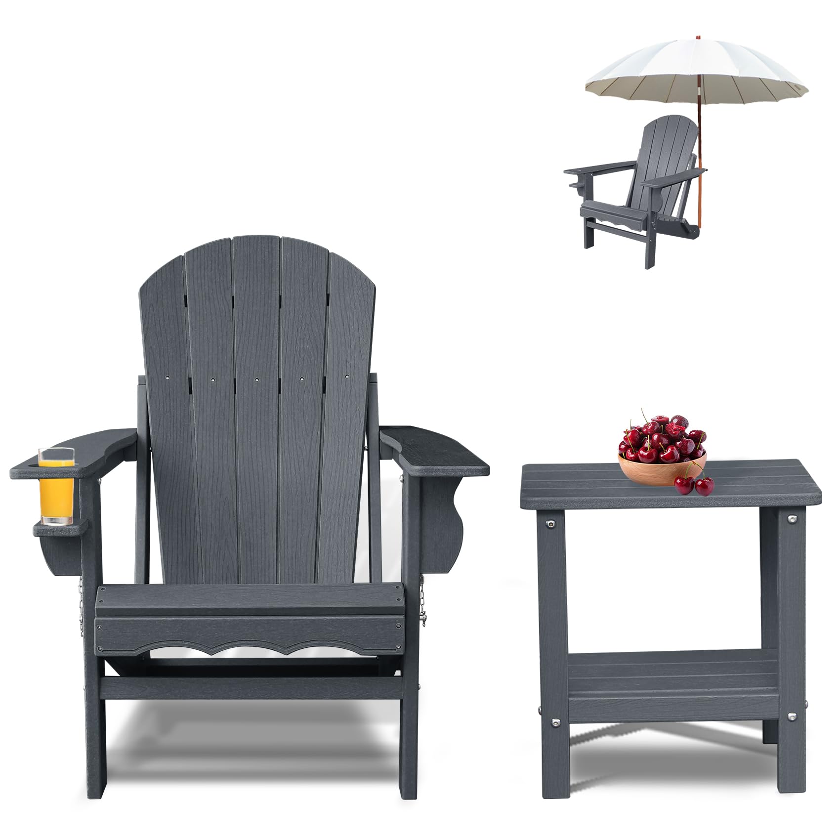 CLOUDEEP Folding Adirondack Chairs, Oversized Adirondack Chairs with Side Table and Cup Holder, Modern Composite Plastic Outdoor Furniture Chairs for Patio, Fire Pit, Porch, Backyard, Deck