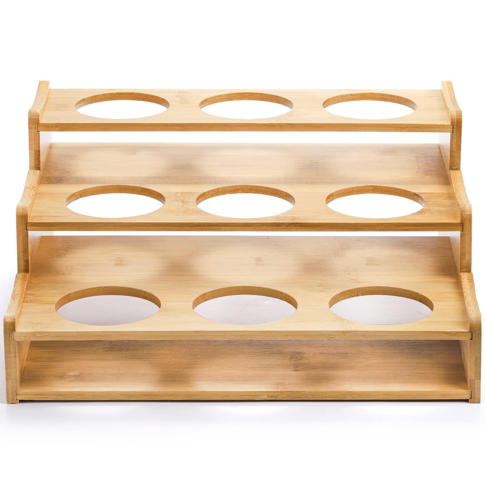Bekith 3 Tier Bamboo Bottle Holder Stand, Tabletop Wine Display Riser 9 Bottles, Countertop Bottle Rack for Kitchen, Pantry, Bar, Cellar, Cabinet, Ideal Storage for Wine, Soda, Pop, Syrups and Beer