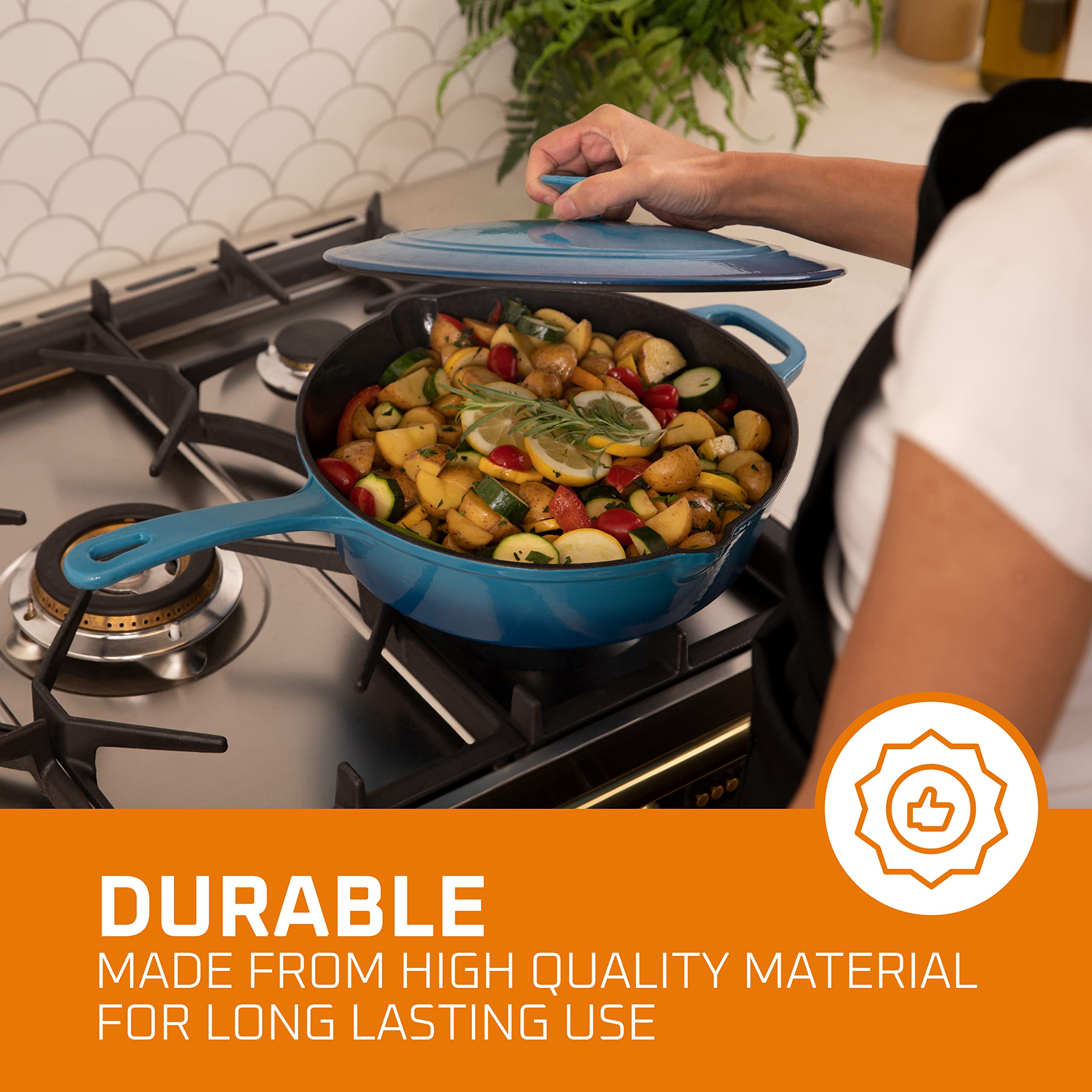 Bruntmor 5 Qt Turquoise Enamel Cast Iron Sauté Pan With Lid, 5 Quart Oven Safe Cast Iron Skillet, Cast Iron Grill Pan Set, Nonstick Cookware And Bakeware For Casserole Dish