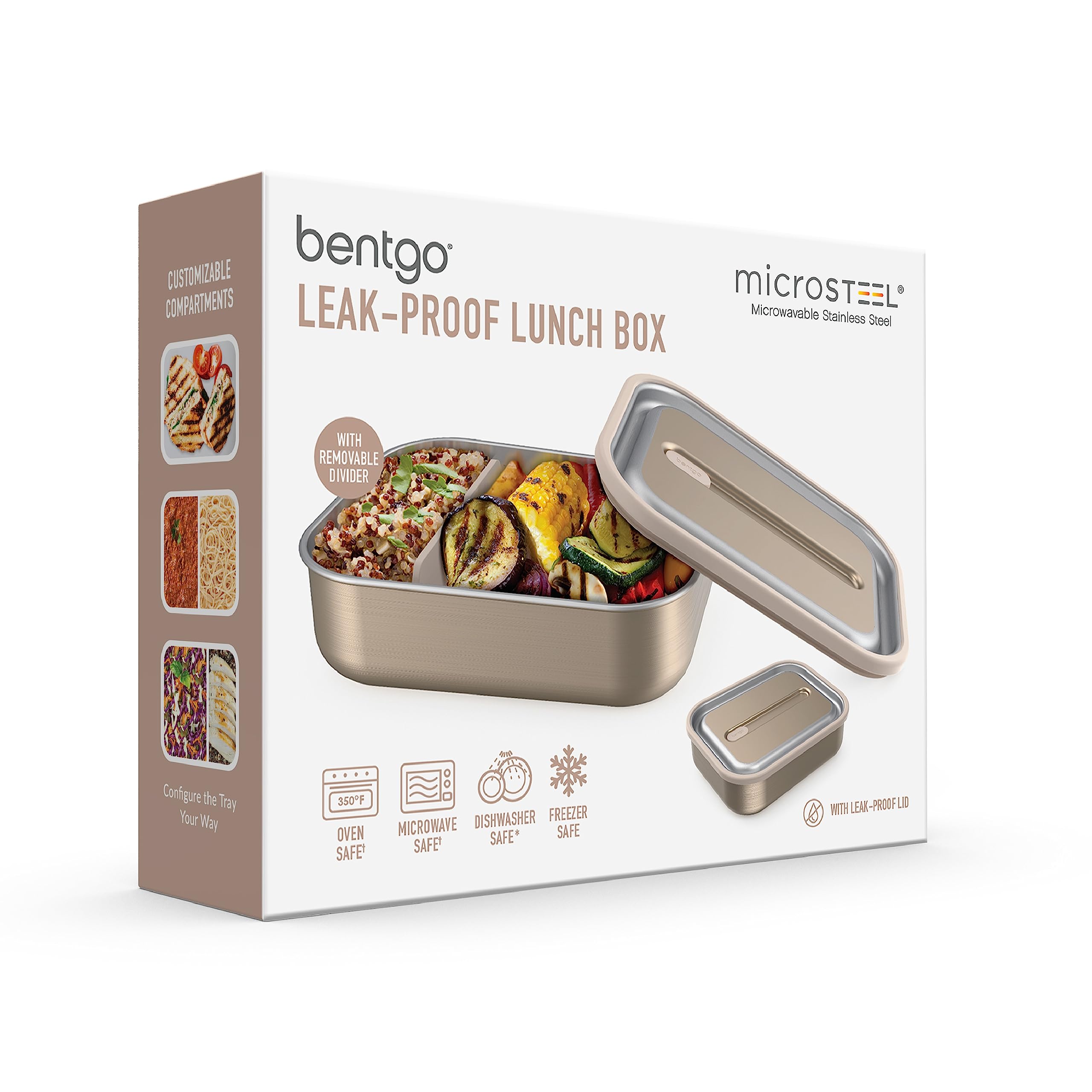 Bentgo® MicroSteel® Leak-Proof Lunch Box - Microwave-Safe, Oven-Safe, Bento-Style Container with Removable Divider, Airtight Lid, Sustainable Design, Odor & Stain Resistant (Gold)