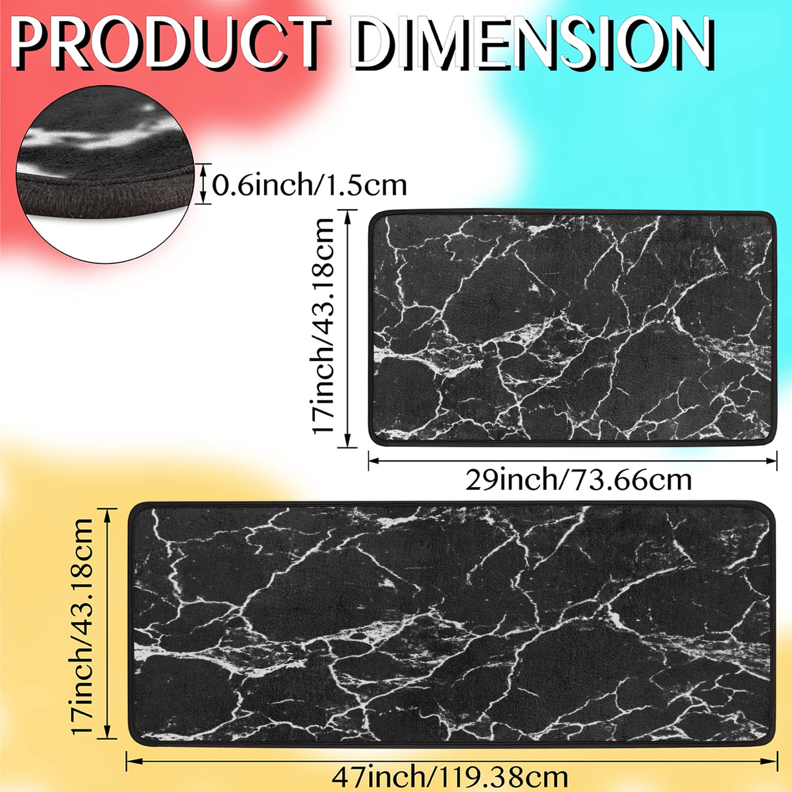 AUUXVA Black Marble Texture Lines Print Kitchen Mats Cushioned Anti Fatigue 2 pcs Set, Memory Foam Kitchen Rugs, Non Slip Washable Area Rug for Floor Sweet Home Decor, 17"x29"+17"x47"