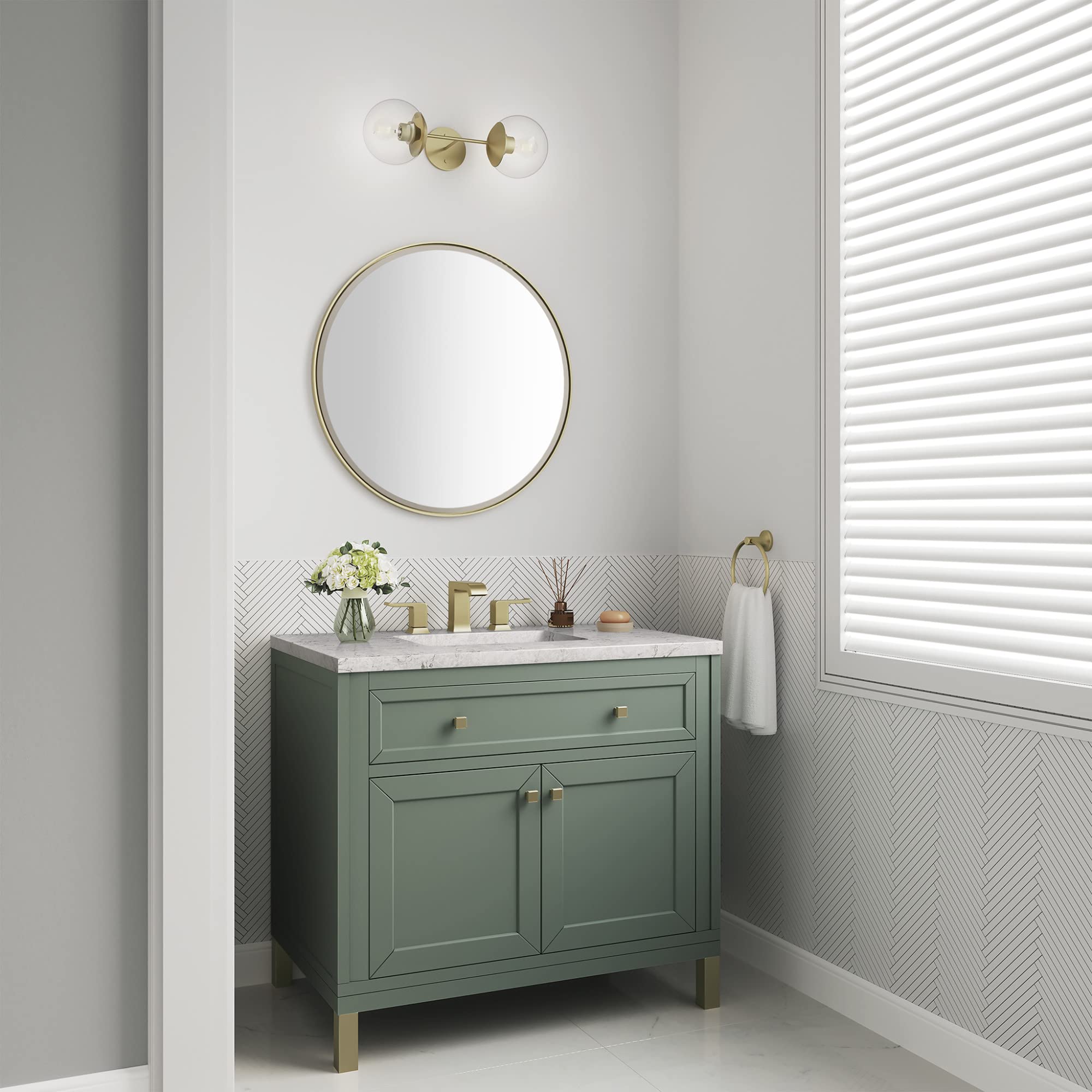 Chicago 36" Single Vanity, White Washed Walnut, with 3 CM Eternal Jasmine Pearl Quartz Top w/Sink