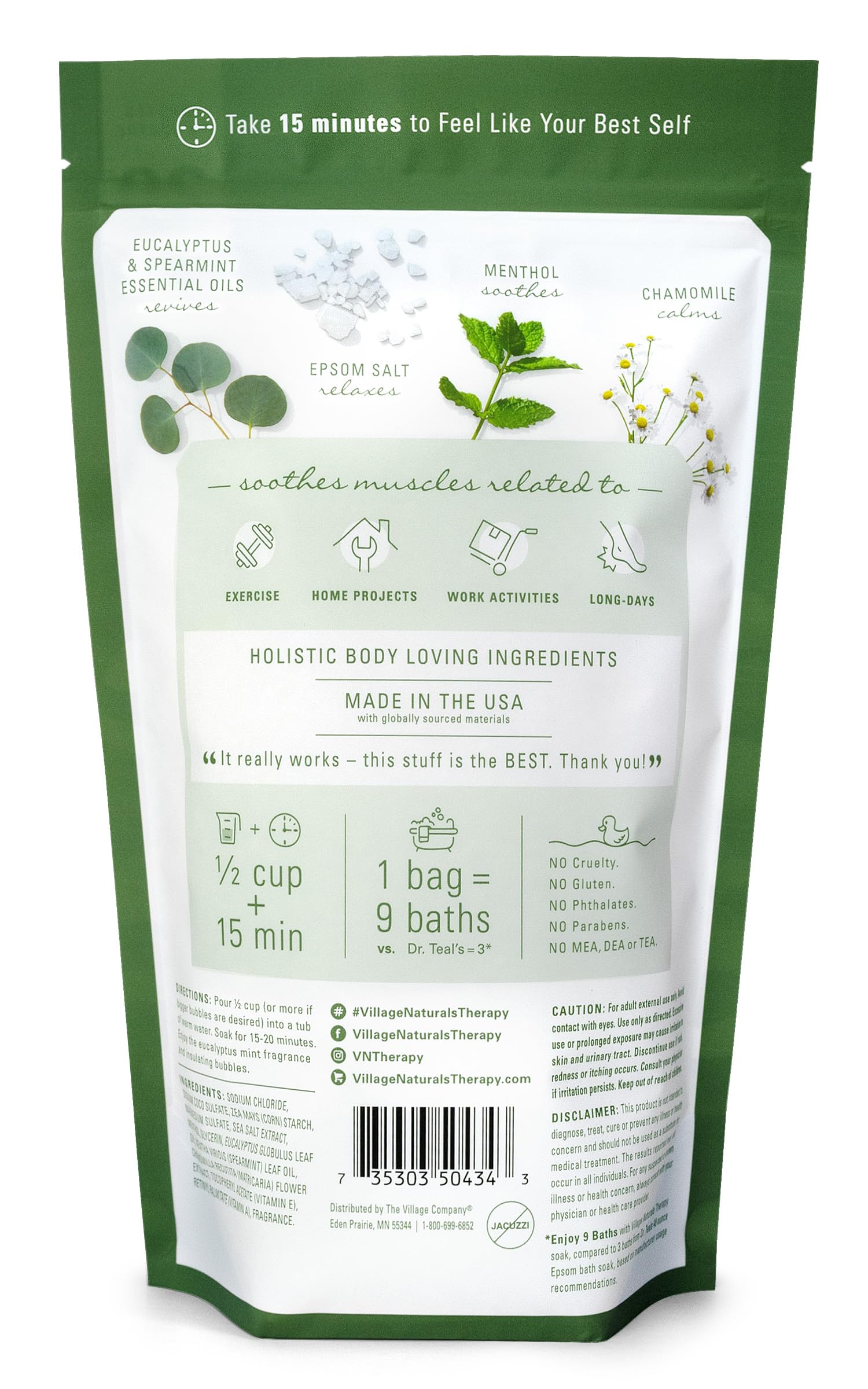 Village Naturals Therapy Muscle Foaming Epsom Soak, Eucalyptus Mint Scent, 36 oz, Pack of 2