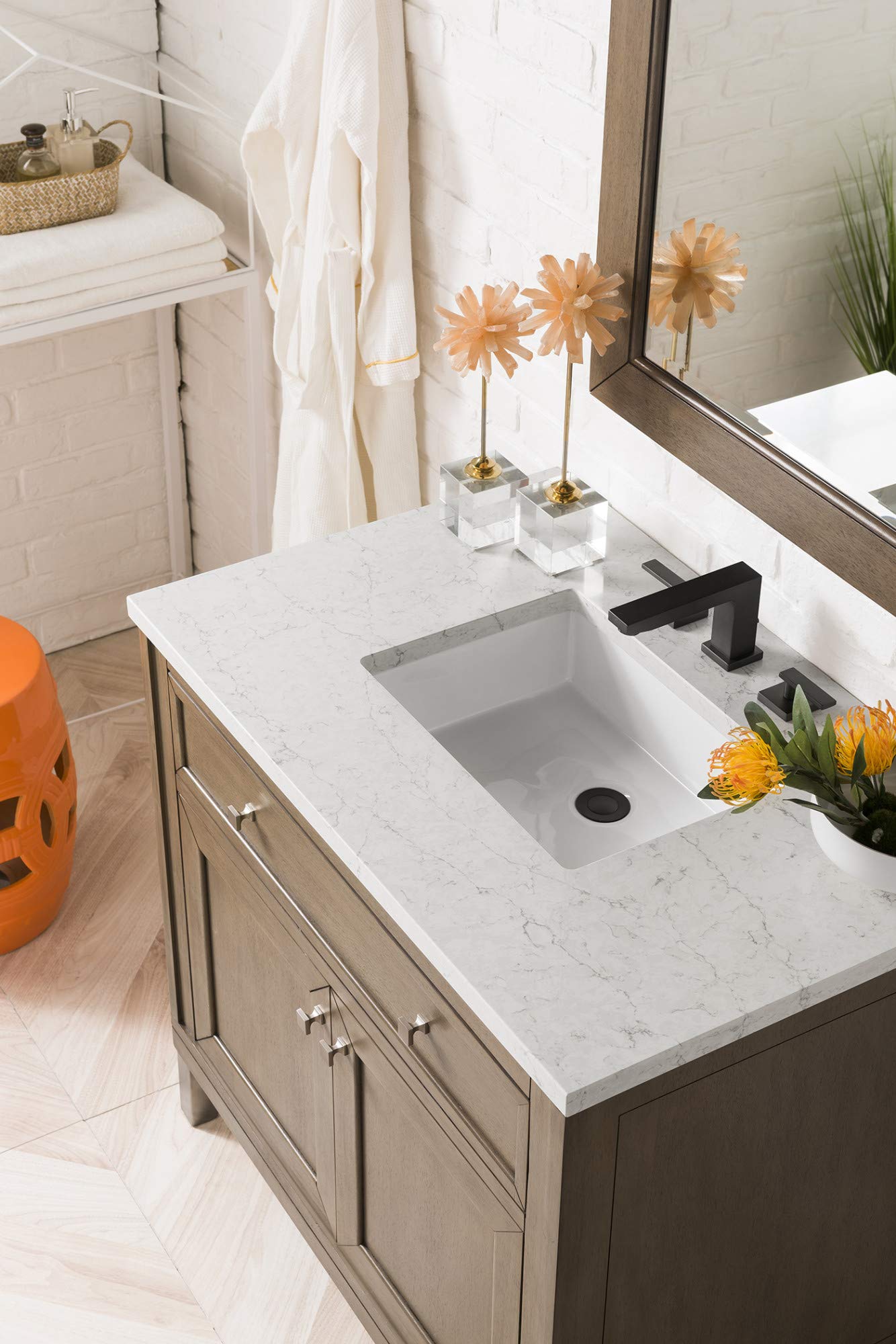 Chicago 36" Single Vanity, White Washed Walnut, with 3 CM Eternal Jasmine Pearl Quartz Top w/Sink