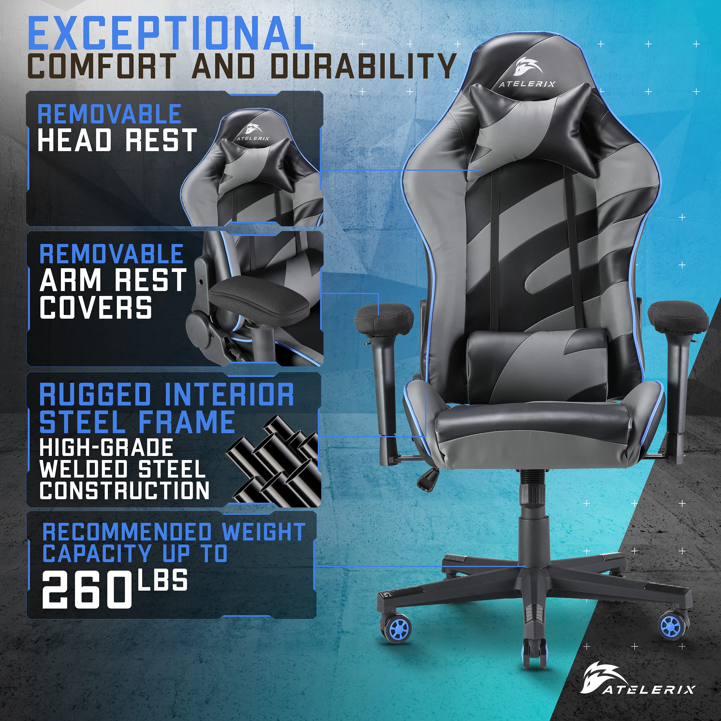 Atelerix Ventris Gaming Chair - PU Leather, Fabric, & Extra Wide Options - Office or Computer - Tilting & Ergonomic Adjustable Swivel Game Chair w/ 4D Covered Armrests, Headrest & Lumbar Support