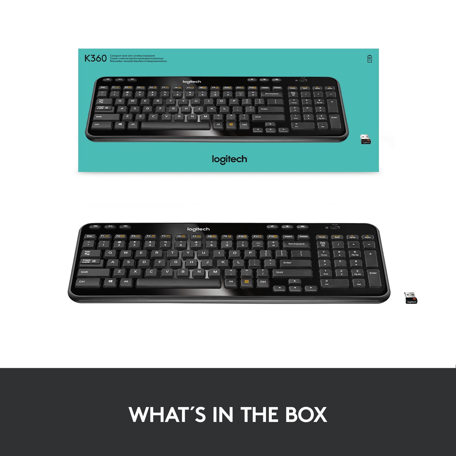 Logitech K360 Wireless USB Desktop Keyboard — Compact Full Keyboard, 3-Year Battery Life (Glossy Black)