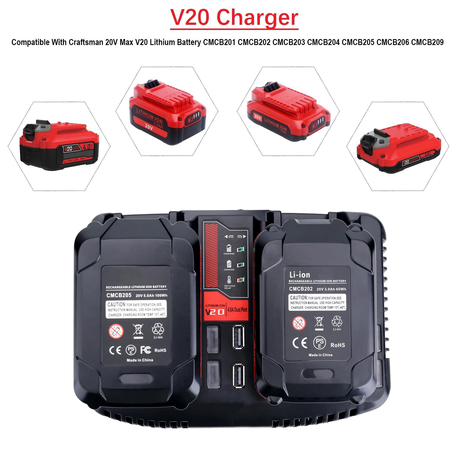 CMCB124 Dual Port V20 Battery Fast Charger Replacement for Craftsman 20V MAX V20 Battery Lithium CMCB202 CMCB201 CMCB209 CMCB205 CMCB100 CMCB102 CMCB101