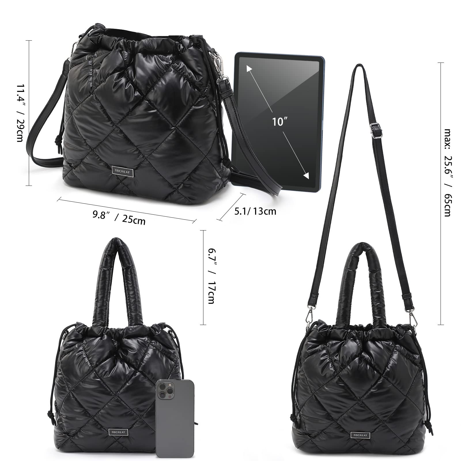 BBCREAT Puffer Bag, Quilted Crossbody Bags for Women Drawstring Puffer Tote bag Trendy Waterproof Shoulder Bag Lightweight Puffer Purse(Black)