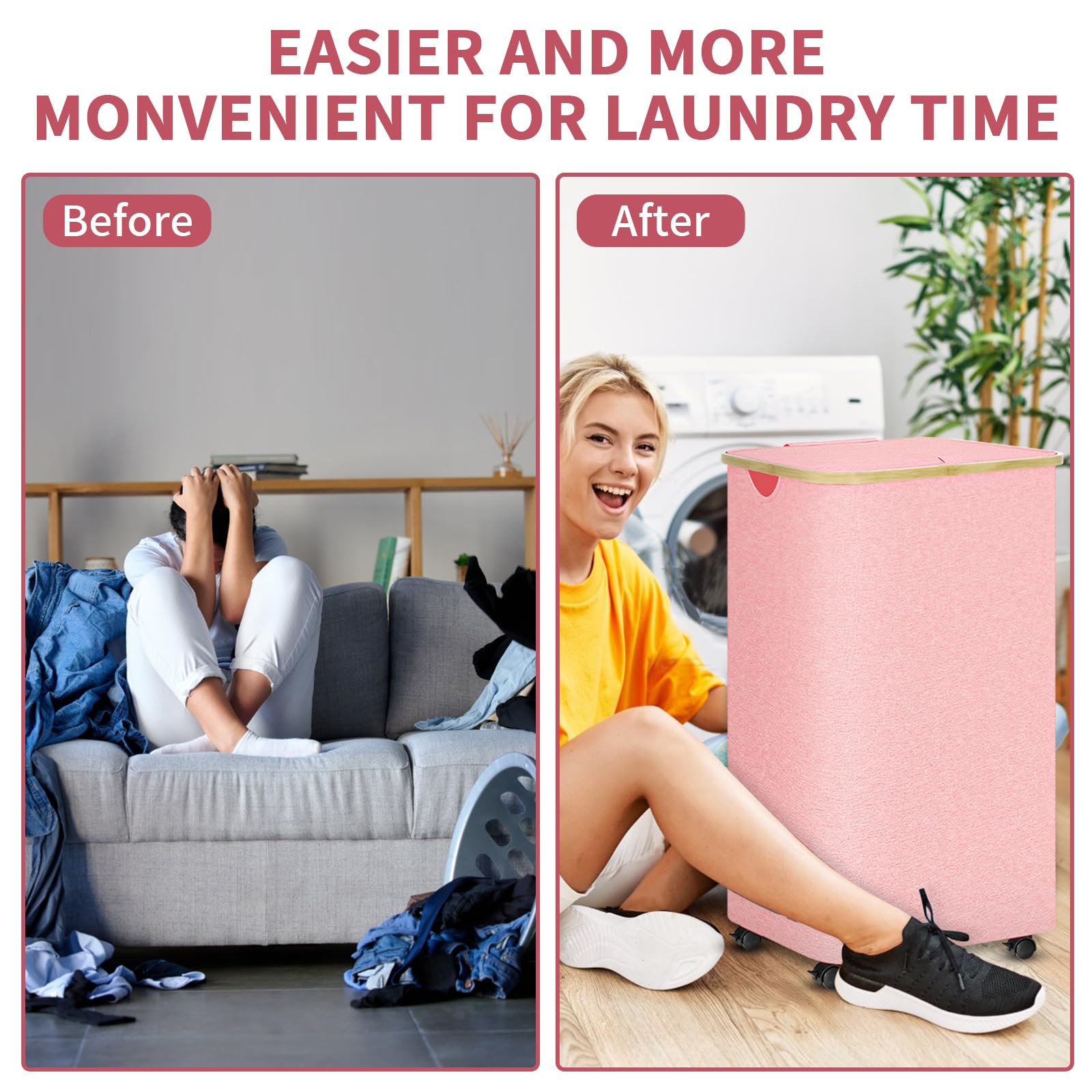 Pink Laundry Hamper with Wheels - 100L Large Laundry Hamper with Lid, Rolling Laundry Hamper on Wheels, Collapsible Laundry Hamper with Removable Mesh Bag and Bamboo Handles for Easy Carrying