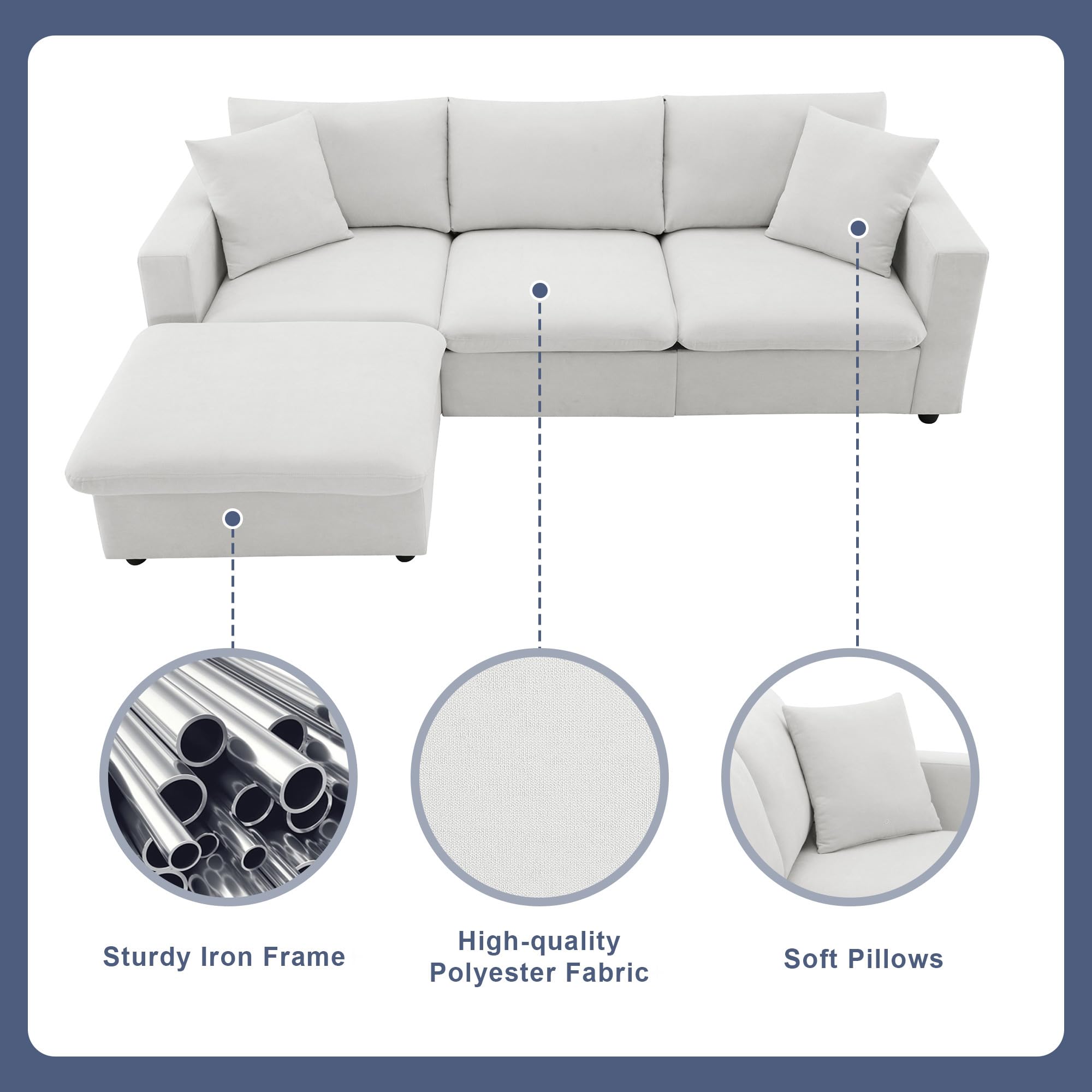 Tmsan 100.4" Modular Sectional Sofa Cloud Couch for Living Room, Modern Convertible L Shaped Couch Set with Ottoman, 4 Seater Polyester Fabric Sofa with 2 Pillows for Apartment Office (White)