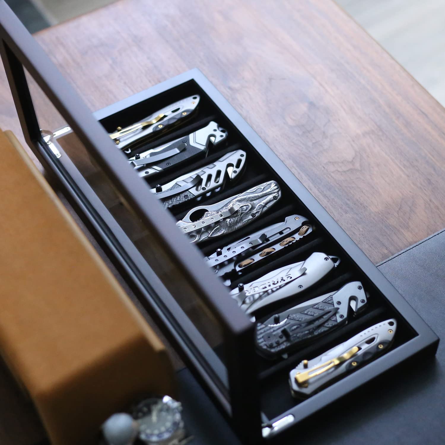 Besforu Knife Display Case Organizer storage 8 pocket knives, Folding Knife Holder with Real Glass Window Top, Pocket knife collection box for men gift (Ebony Veneer 8 slot)