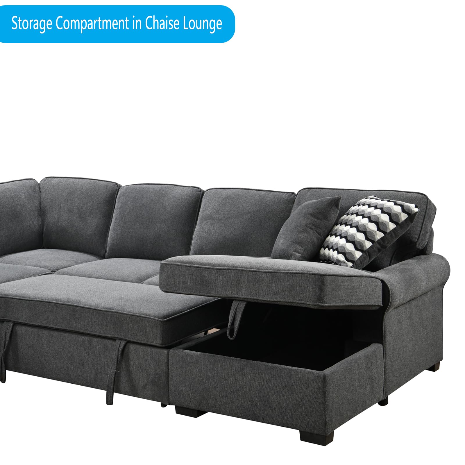 RENDGO 117" U Shape Sectional Sleeper Sofa Bed with Storage Chaise for Large Space Dorm Apartment,Beige, 7 Seater