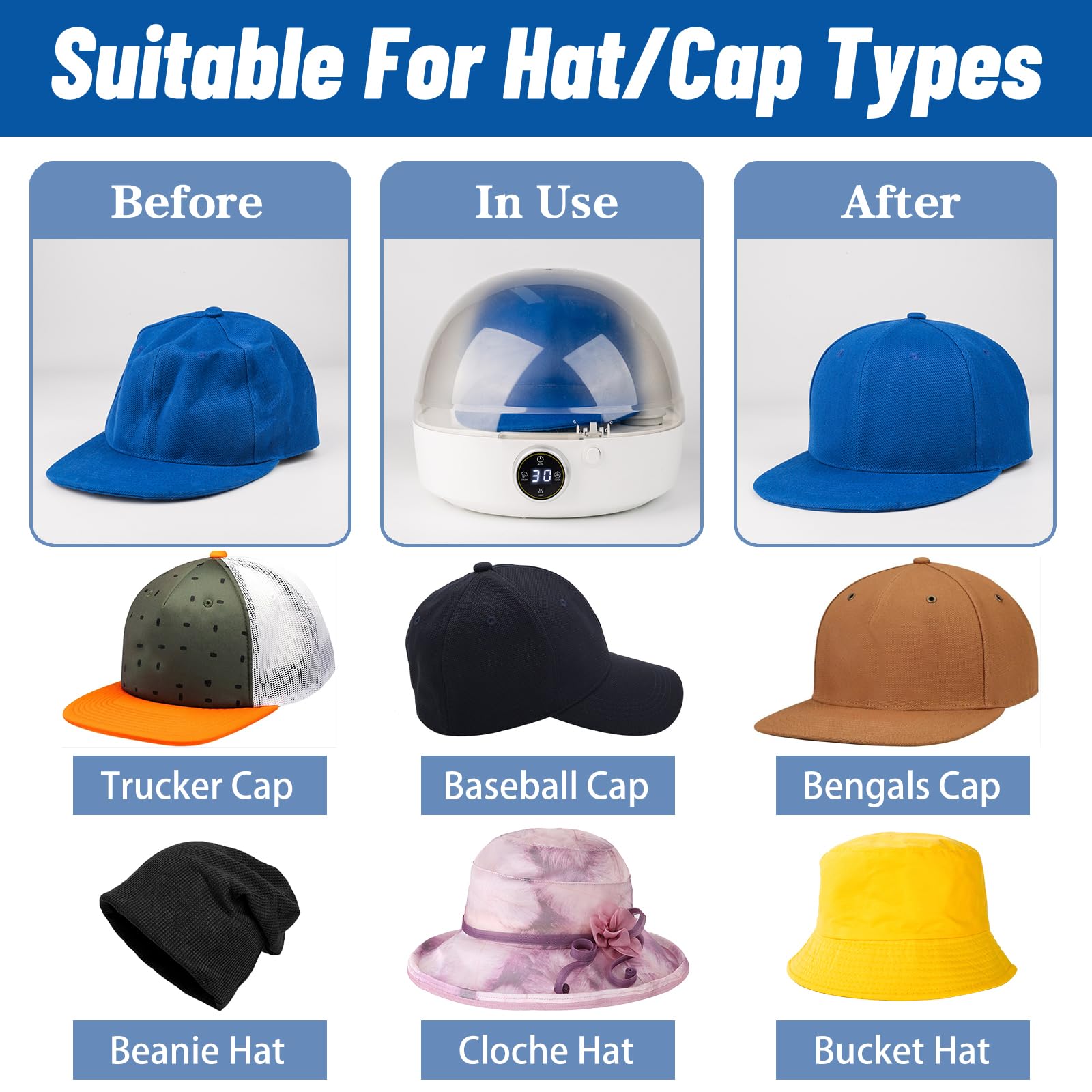 Automatic Cap Cleaner with steam and Dry,steam Cleaning&Ironing and Drying for Bucket hat Baseball Cap,hat Cleaner&Dryer for Trucker hat etc