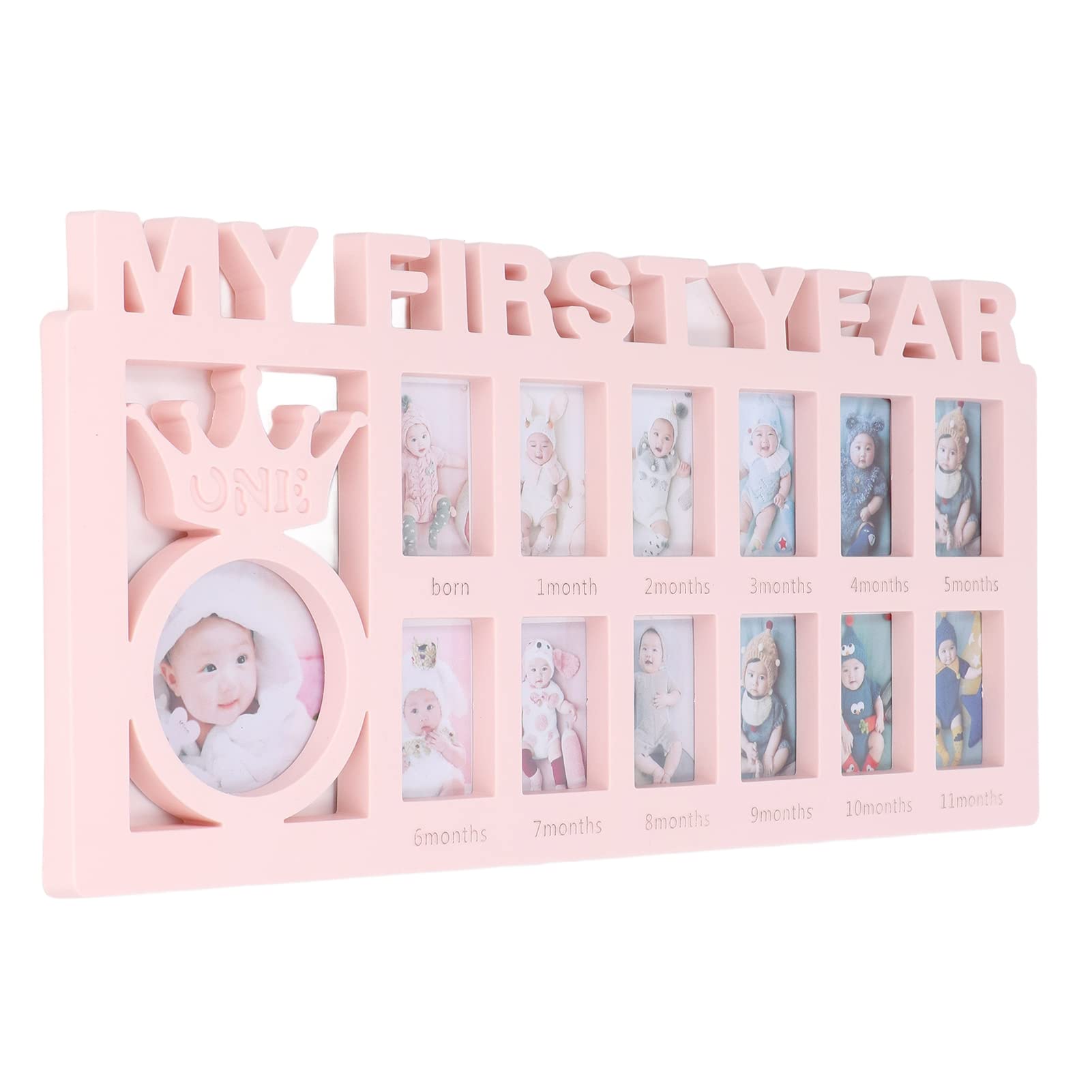 CHICIRIS Newborn Baby First Year Picture Frame with 12 Month Slots, Baby Monthly Collage Keepsake Frame for Photo Memories, White(pink)