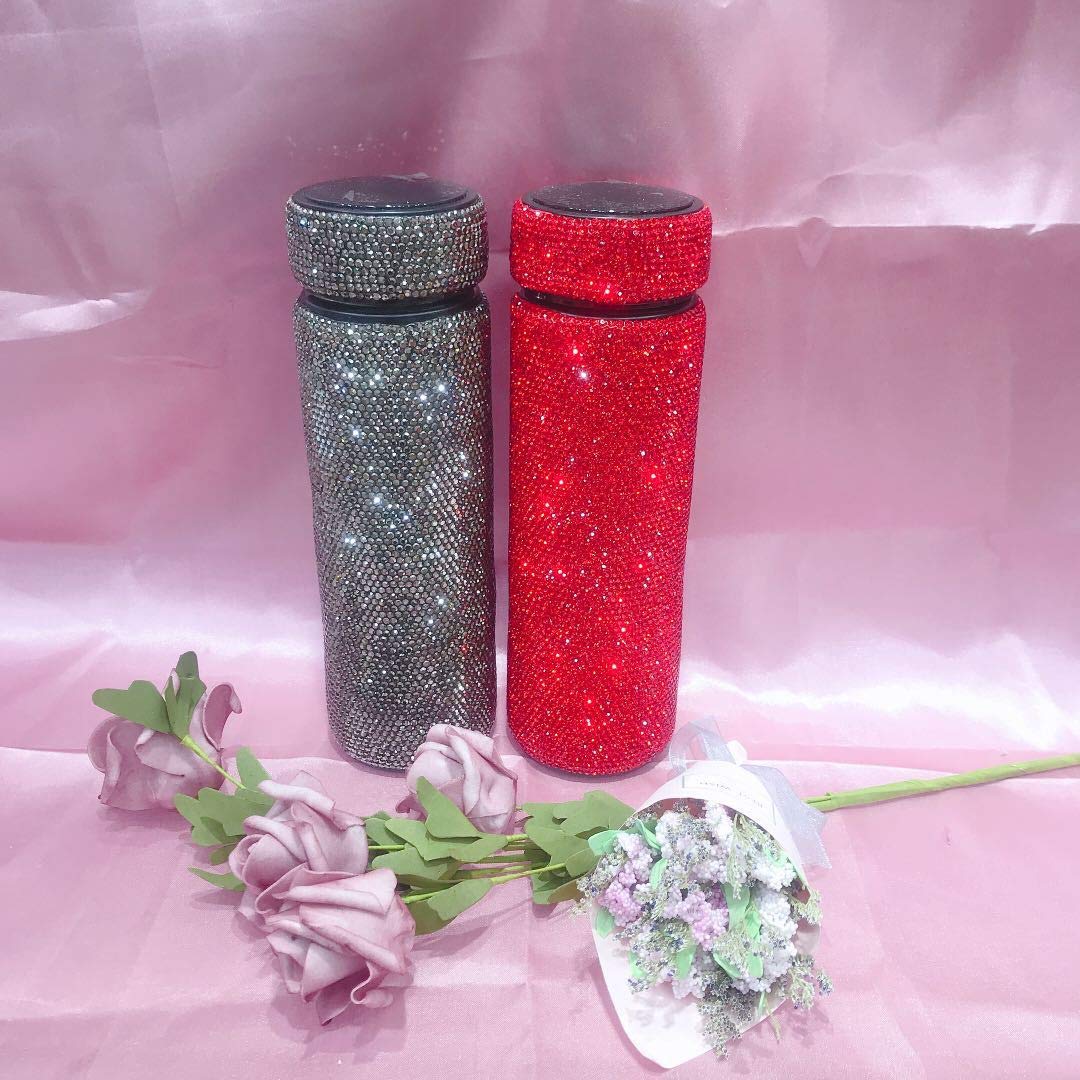 Bling Cup 17oz Rhinestone Water Bottle Glitter Tumbler Diamond Glitter Cups Studded Skinny Insulation Cup Sparkly with LED Number (white)