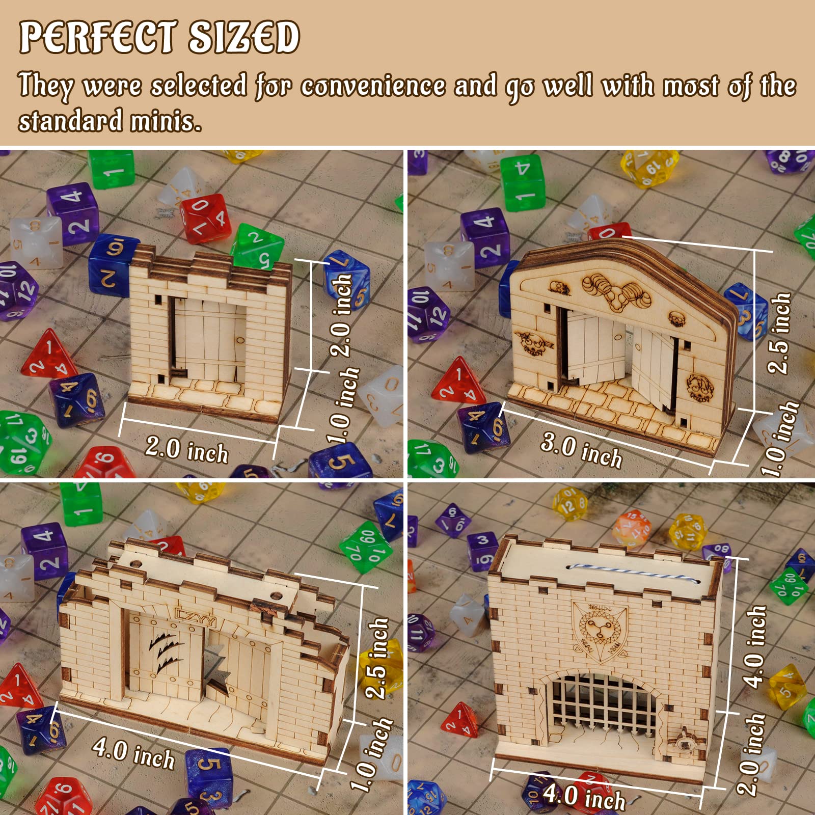 Dungeon Door & Portcullis Gate Miniatures (Set of 4) Wooden Laser Cut Open and Closed Fantasy Terrain 28mm Scale for Dungeons & Dragons, Pathfinder, D&D and Other Tabletop RPG