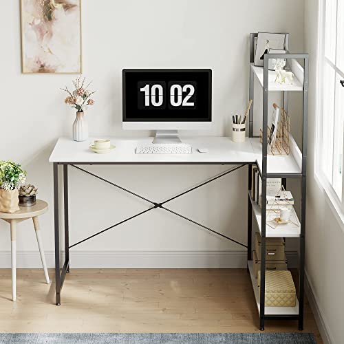 CubiCubi Computer Corner Desk with Storage Shelves, 47 Inch Small L Shaped Computer Desk, Home Office Writing Desk with 2 Hooks, White