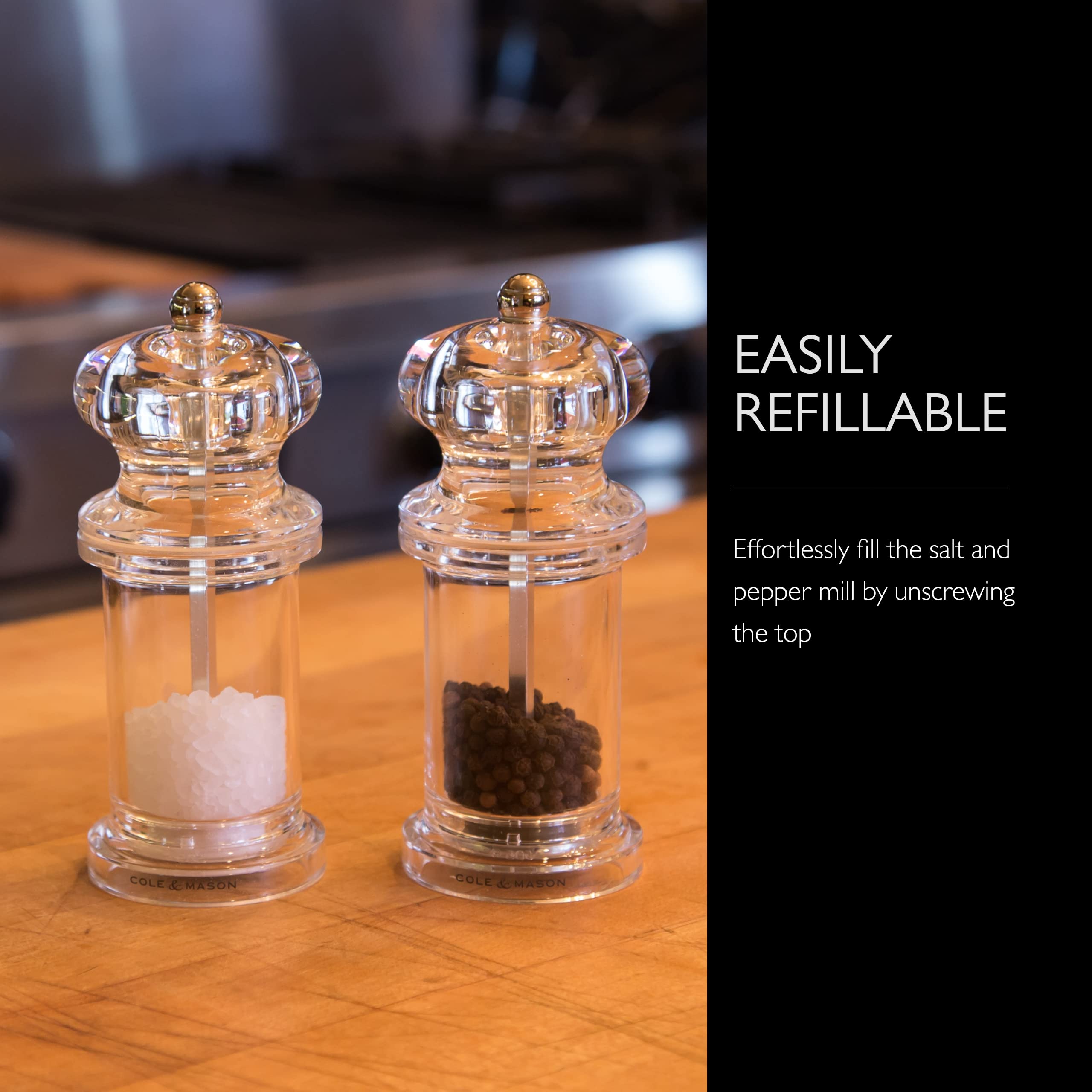 COLE & MASON 505 Salt and Pepper Grinder Set - Clear Acrylic Mills Includes Precision Mechanisms and Premium Sea Salt and Peppercorns