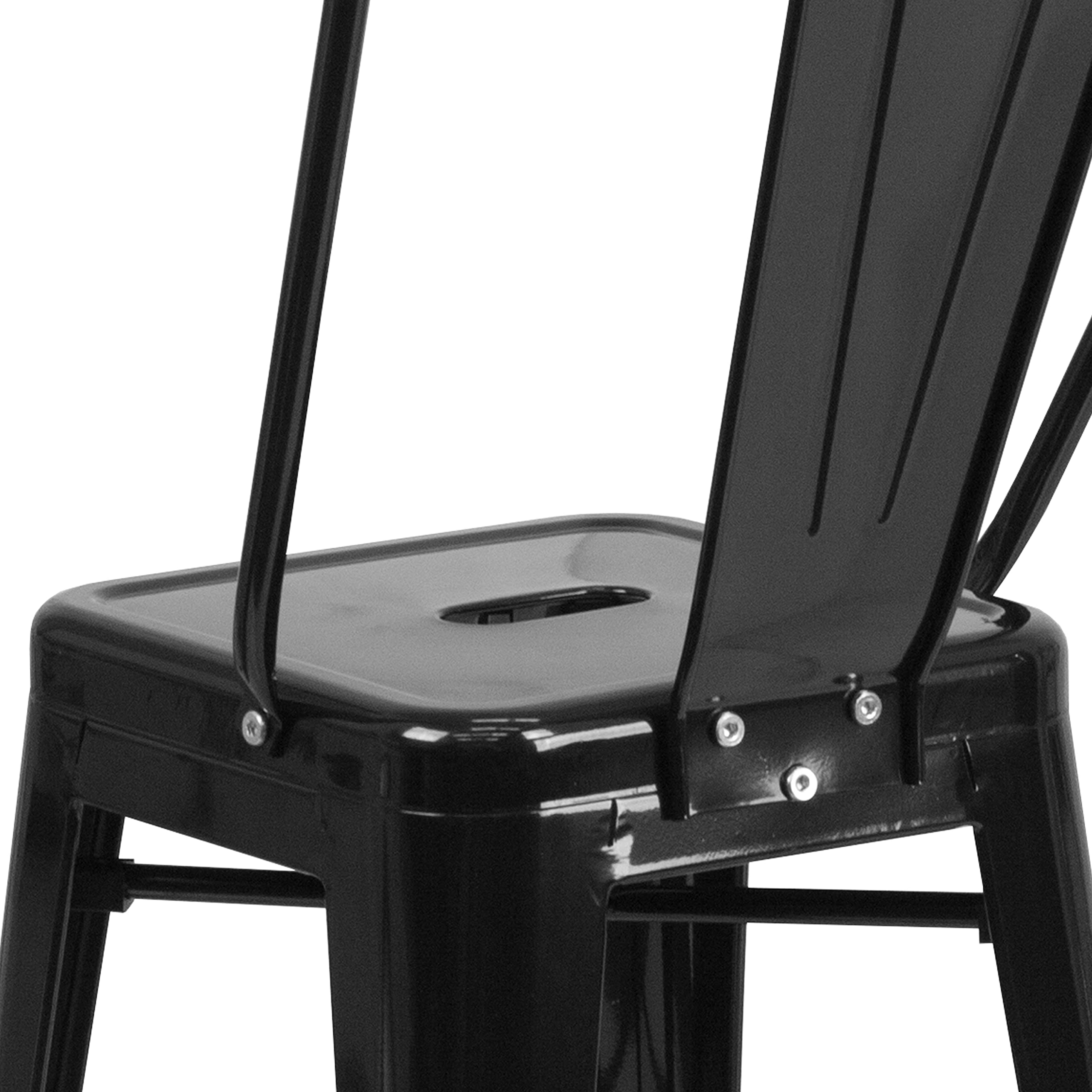 EMMA + OLIVER Commercial Grade 24" H Black Metal Indoor-Outdoor Counter Height Stool w/Back